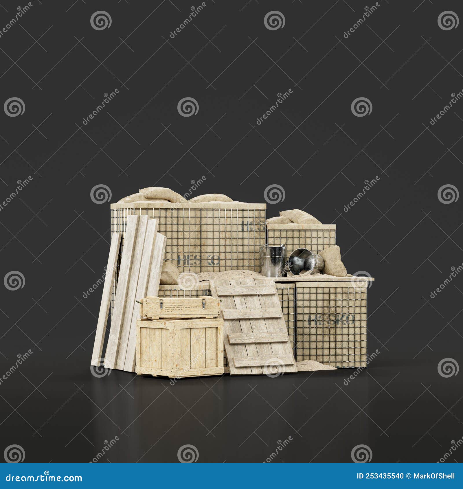 Military Sand Blocks and Military Equipment Pile, 3d Rendering Stock ...