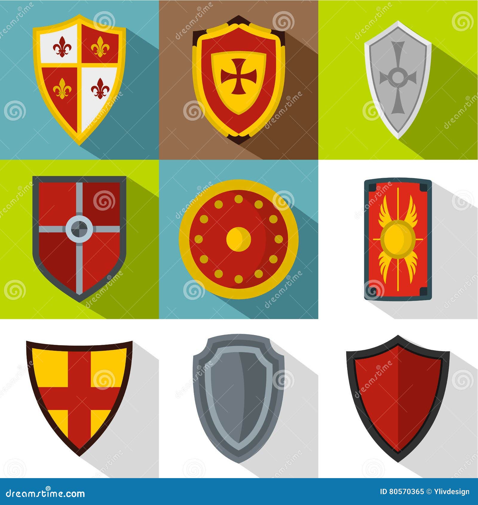 Military Shield Icons Set, Flat Style Stock Vector - Illustration of ...