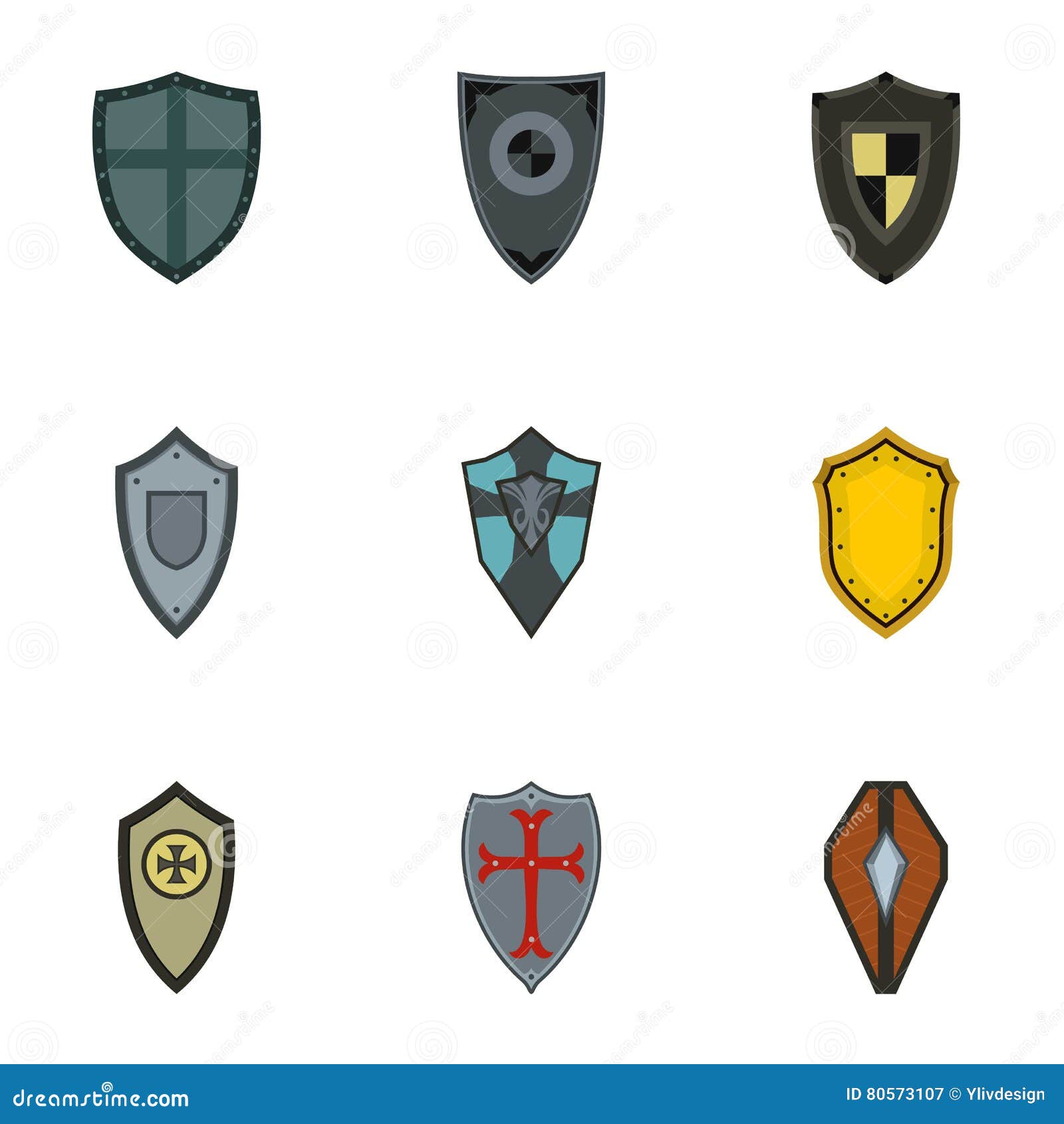 Military Shield Icons Set, Flat Style Stock Vector - Illustration of ...