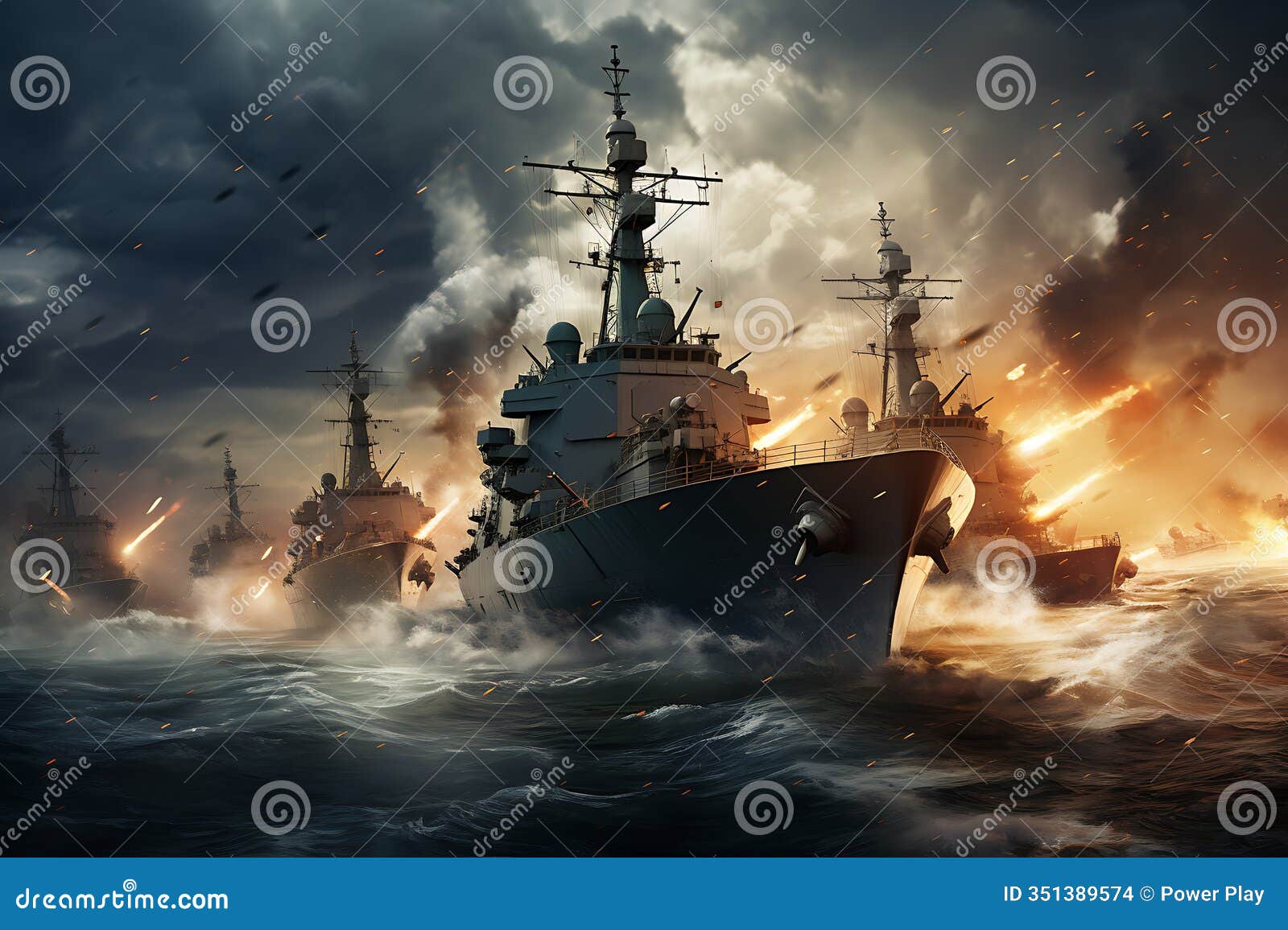 Military Ship in the Sea with Smoke and Fire. 3d Illustration Stock ...