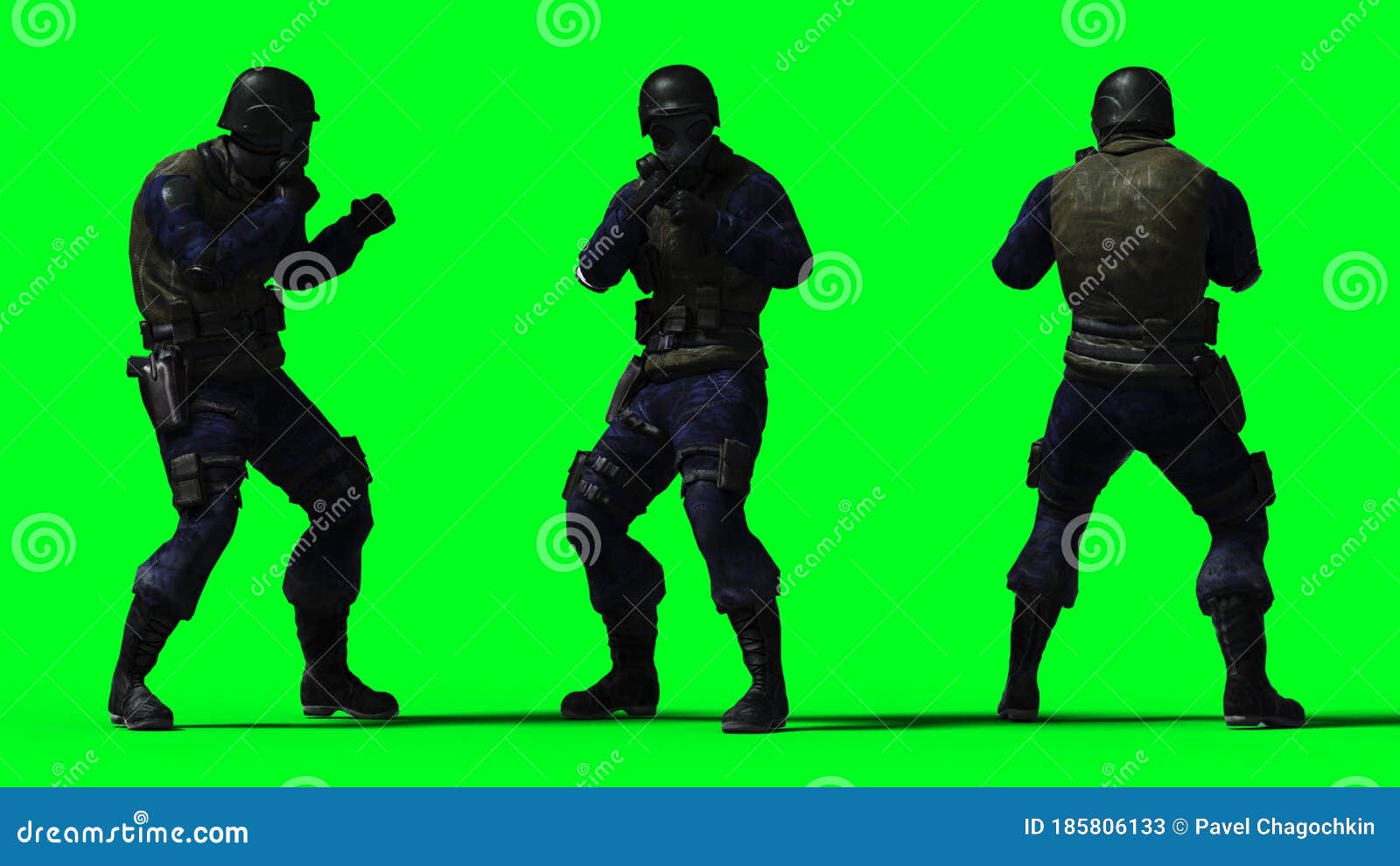 Military Soldier Isolate on Green Screen. 3d Rendering. Stock ...