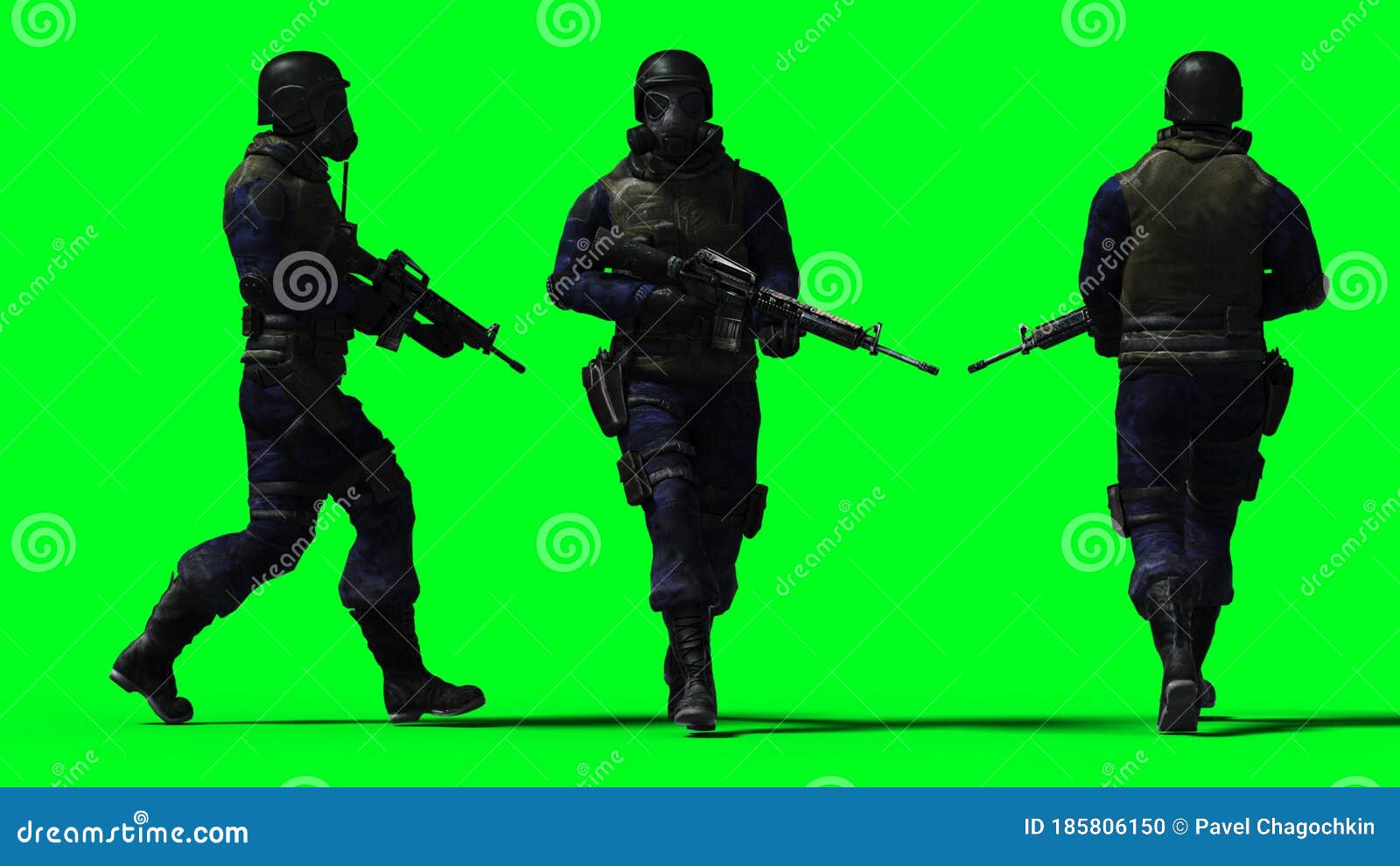 Military Soldier Isolate on Green Screen. 3d Rendering. Stock ...