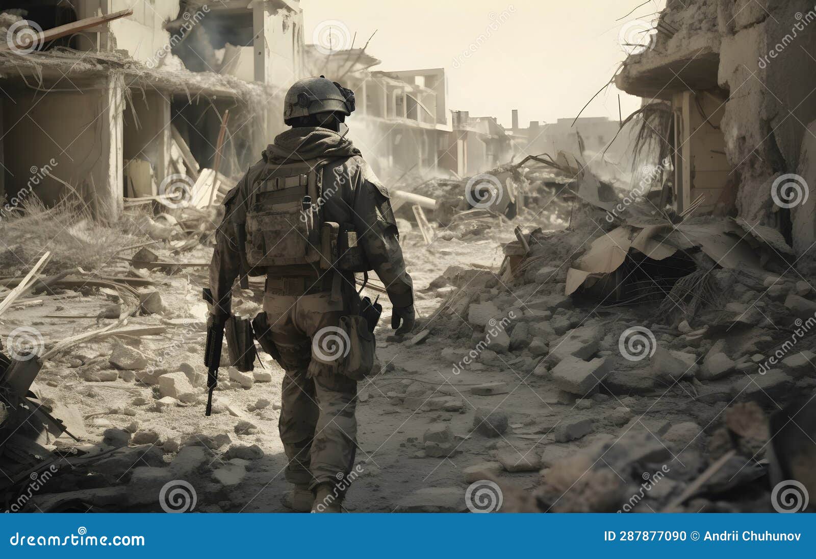 A Military Soldier is Navigating through the Aftermath of a Warzone ... A Military Soldier is Navigating through the Aftermath of a Warzone ...