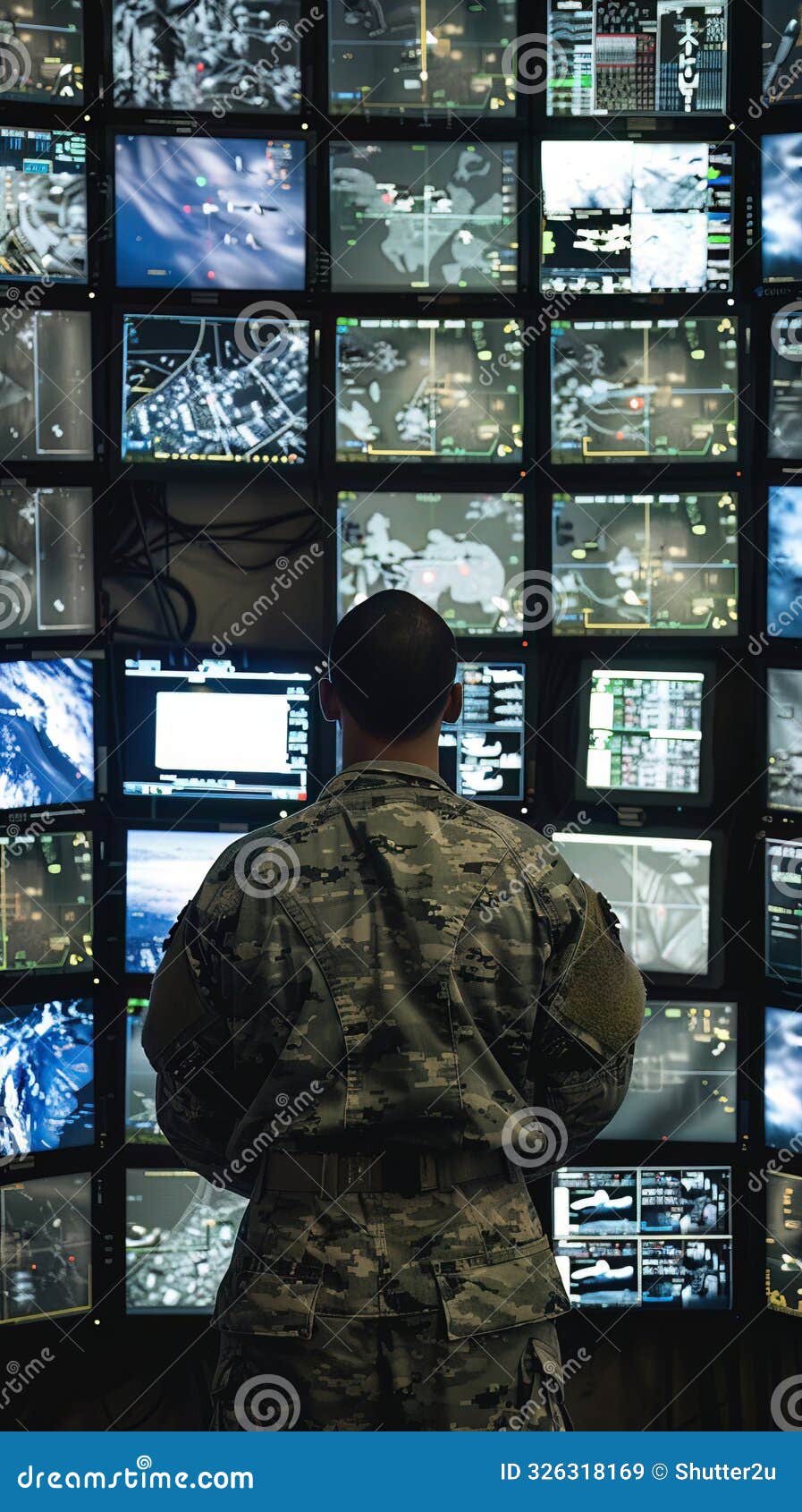 A Military Strategist Studies A Wall Of Monitors Each Screen A Window ...