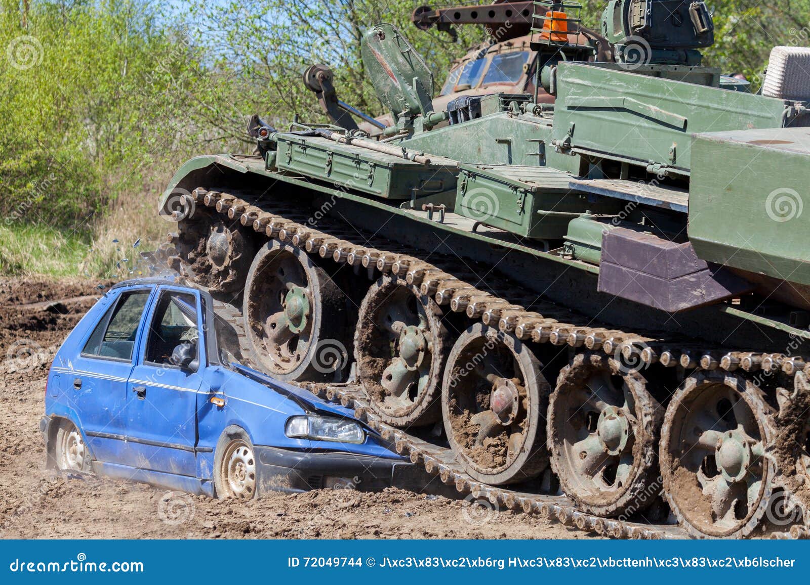 Military Tank Crushes a Blue Car Stock Photo - Image of conflict ...