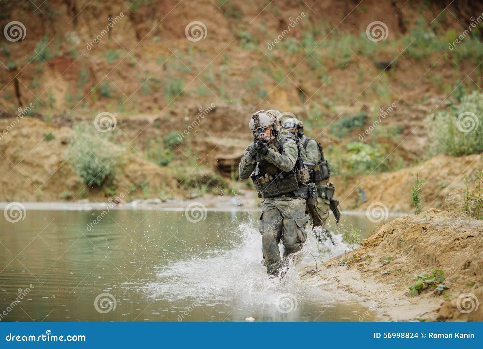 Military Team Crossing the River Under Fire Stock Photo - Image of camp ...