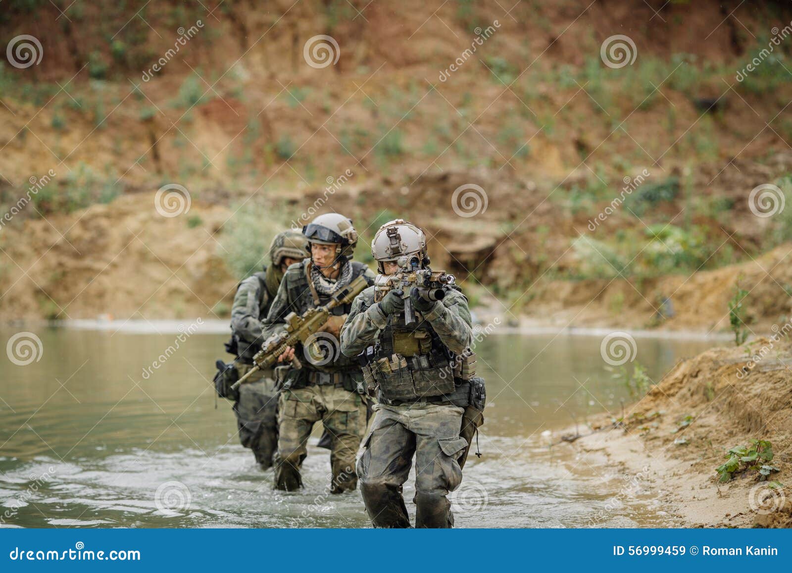 Military Team Crossing the River Under Fire Stock Image - Image of ...