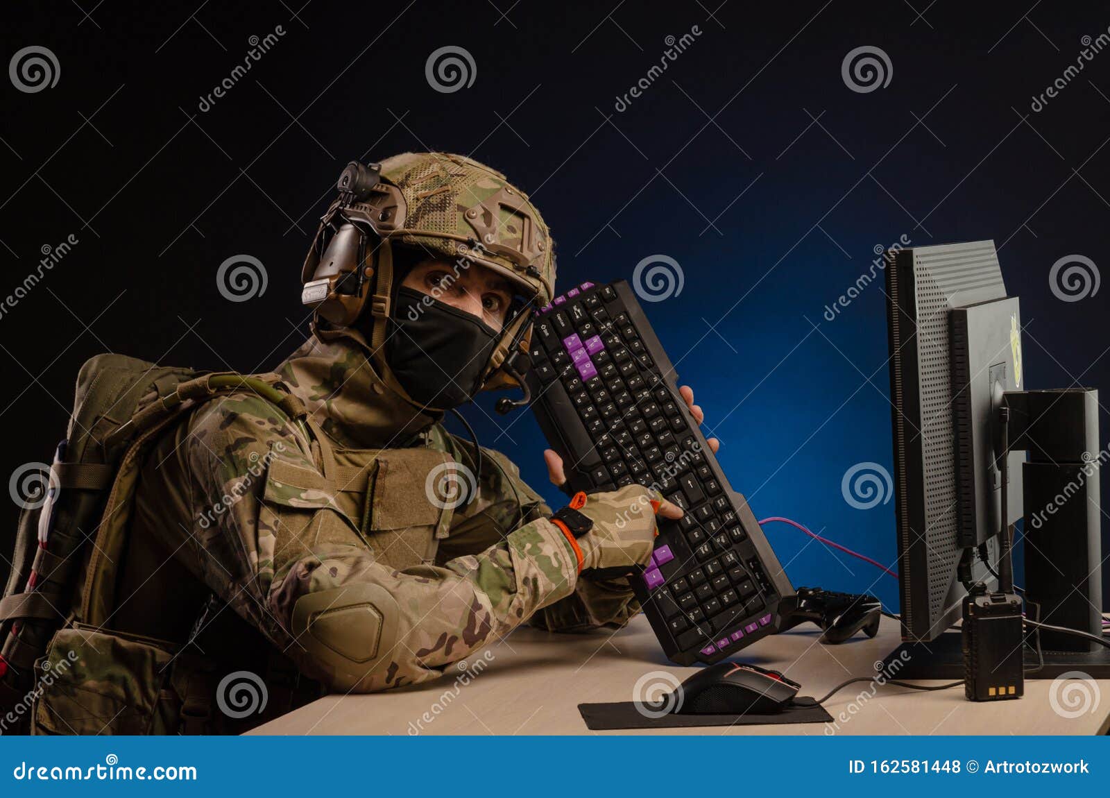 Military in Uniform Sitting at a Computer Conducts Cyber Warfare Stock ...