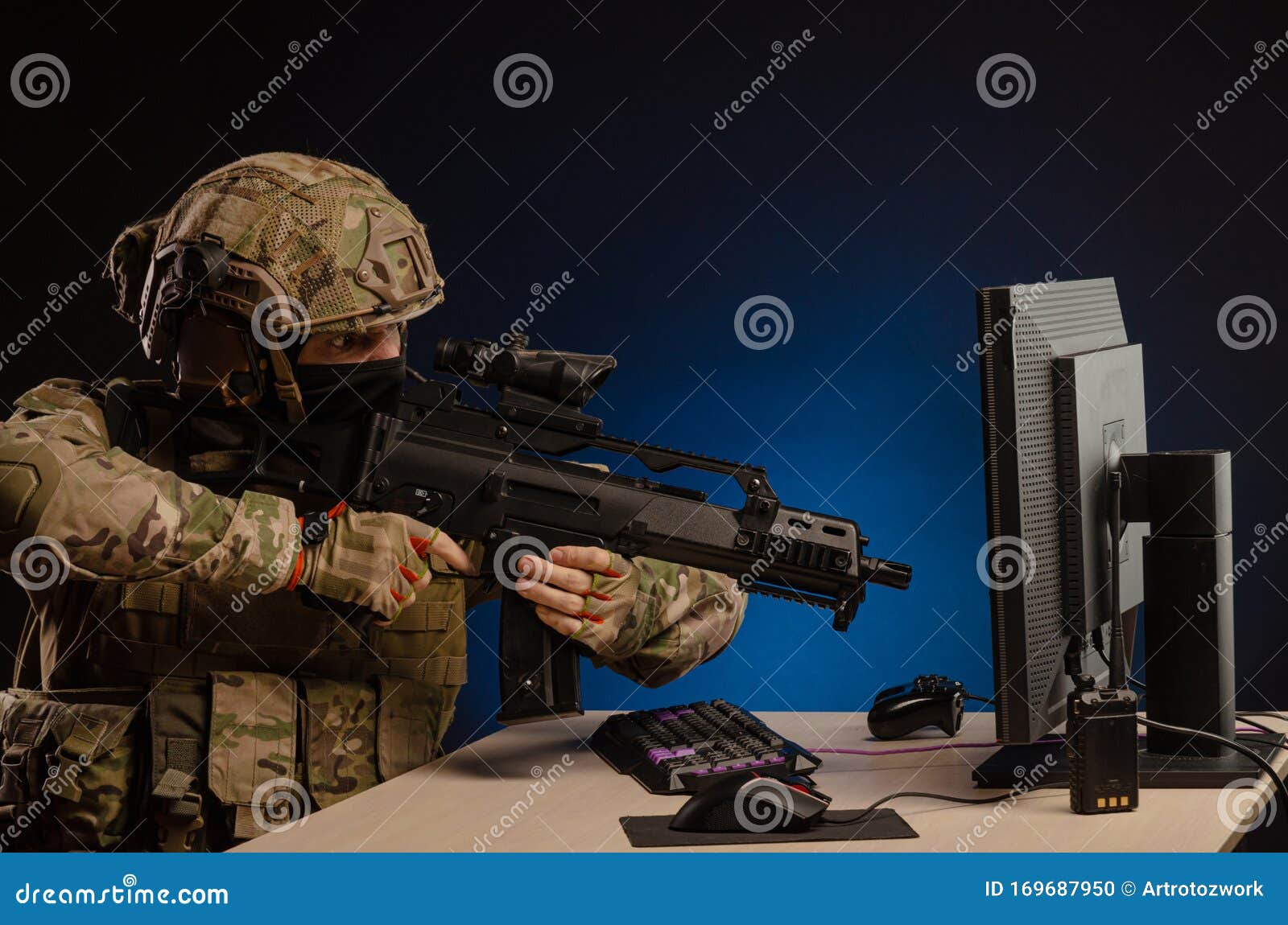 Military in Uniform Sitting at a Computer Conducts Cyber Warfare Stock ...