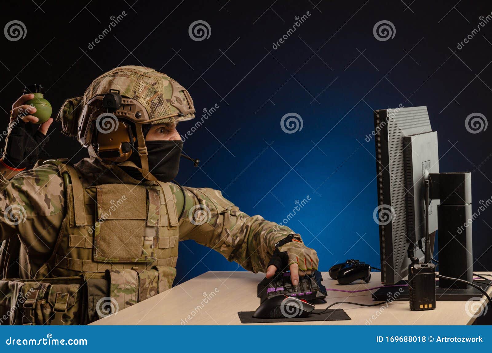 Military In Uniform Sitting At A Computer Are Cyberwar, Playing ...