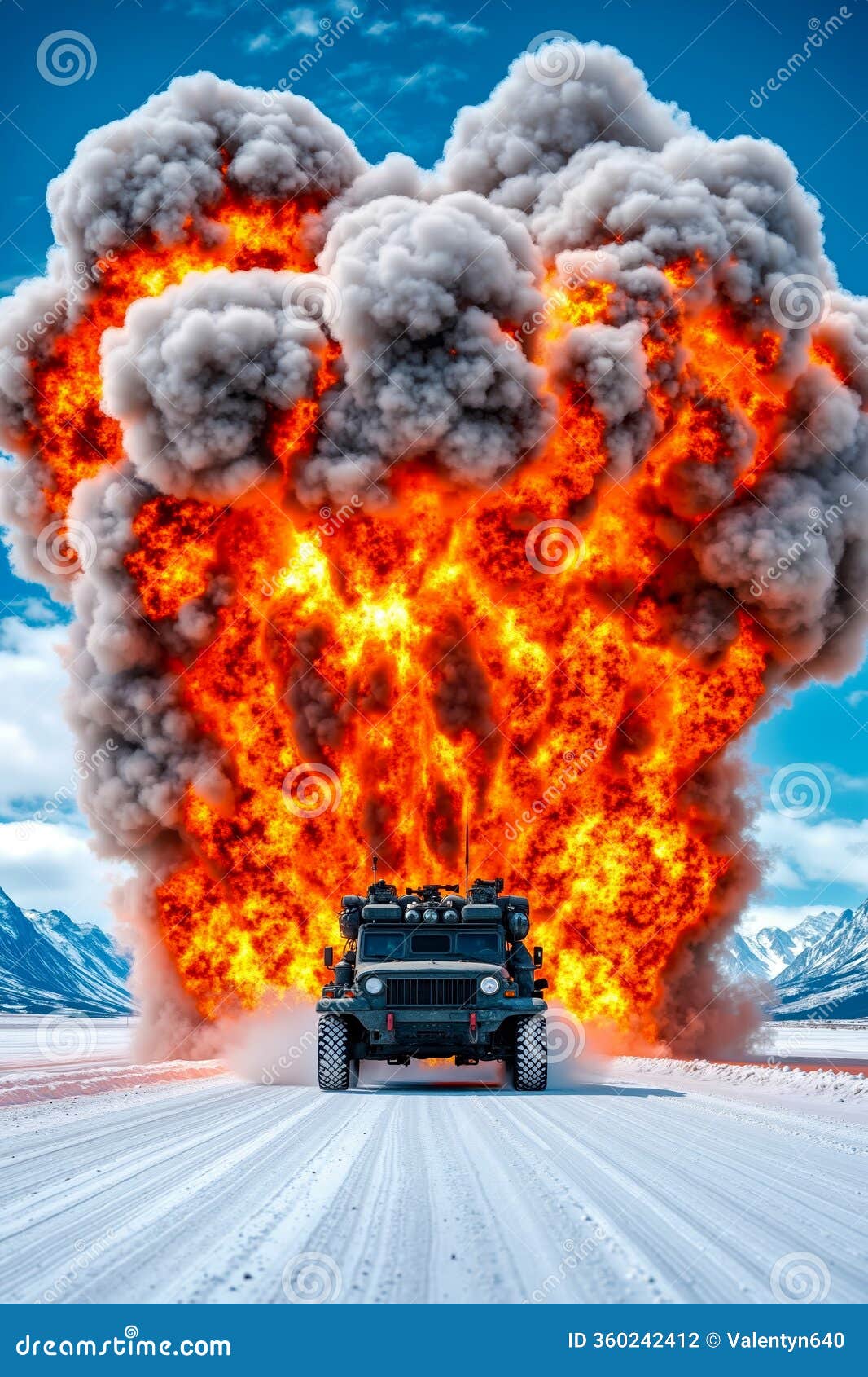 A Military Vehicle Driving through a Large Explosion of Fire Stock ...