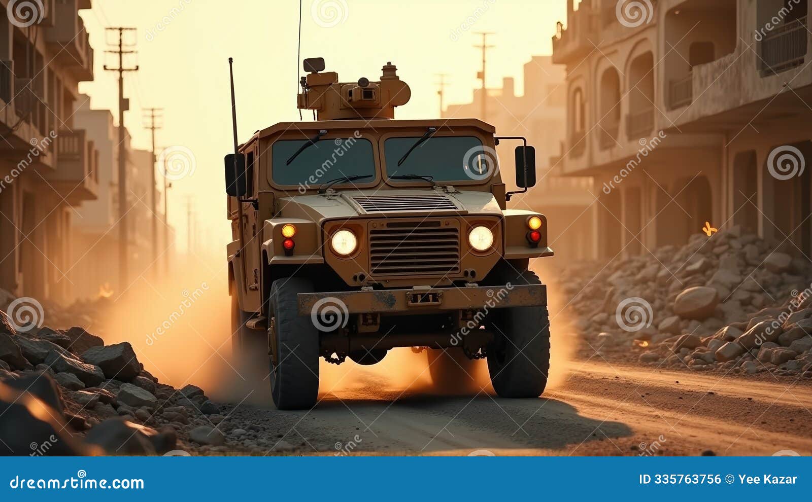 Military Vehicle Driving through Rubble in a War Zone. Stock ...