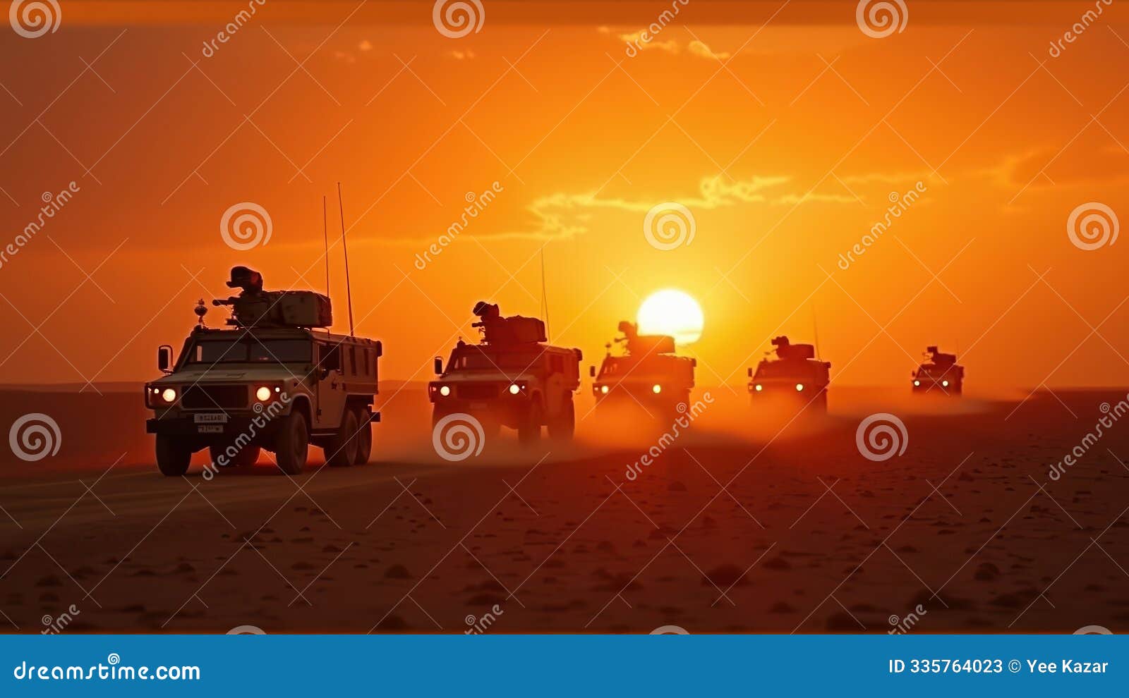 Military Vehicles Driving through Desert at Sunset. Stock Illustration ...