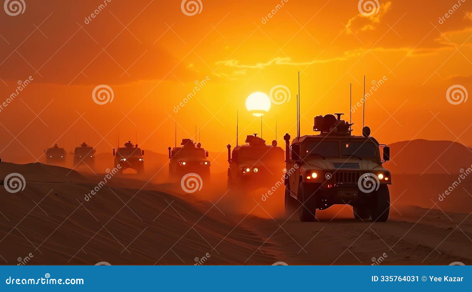 Military Vehicles Driving through Desert at Sunset. Stock Illustration ...