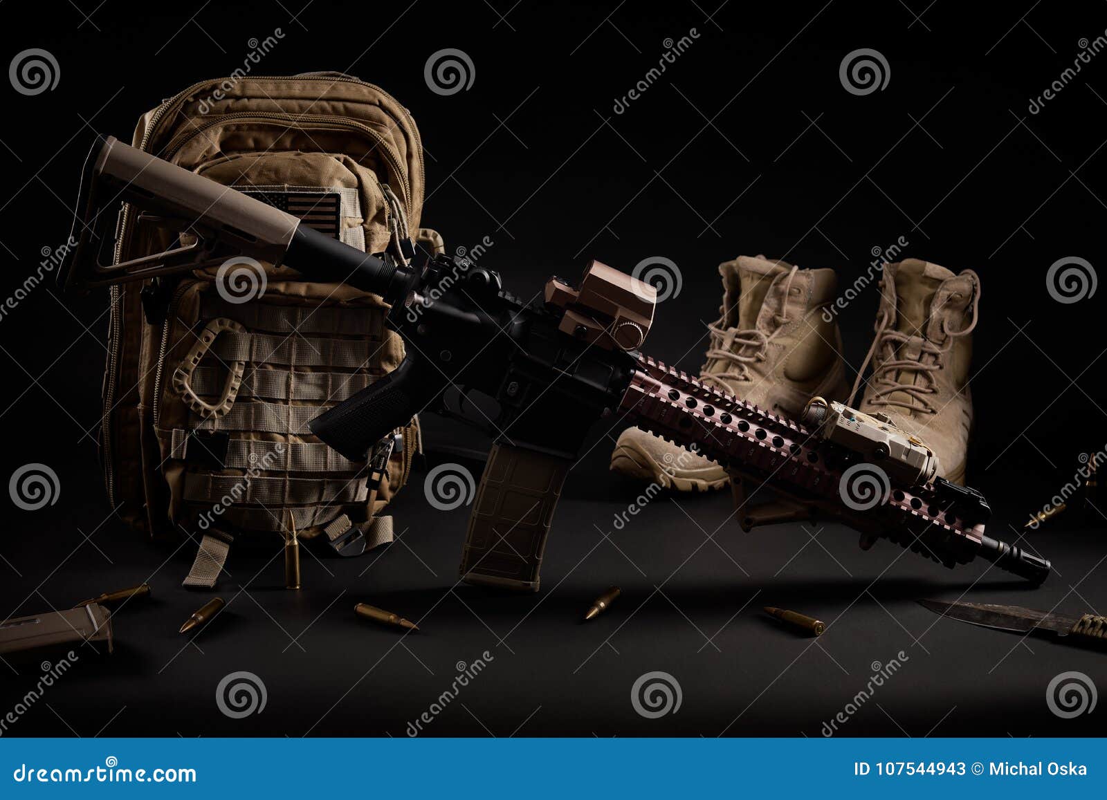 Assault Rifle Backpack and Military Boots on a Black Background Stock ...