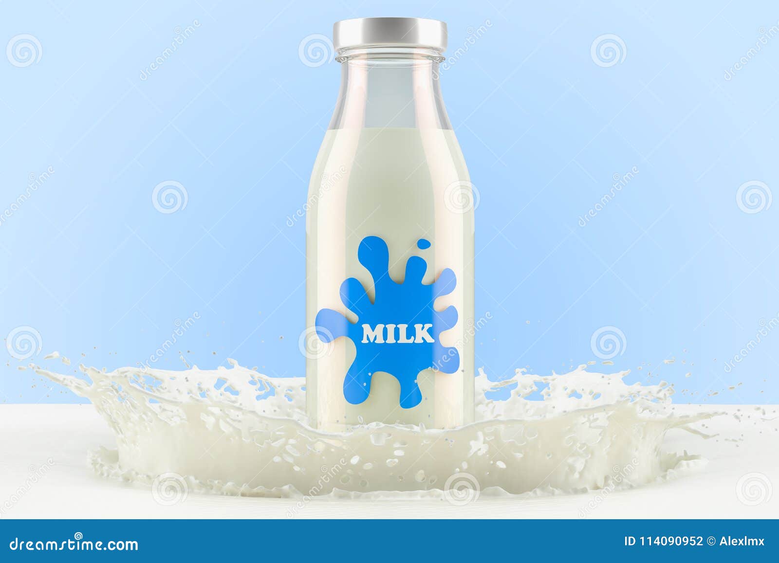 Milk Bottle with Milk Splash, 3D Rendering Stock Illustration ...