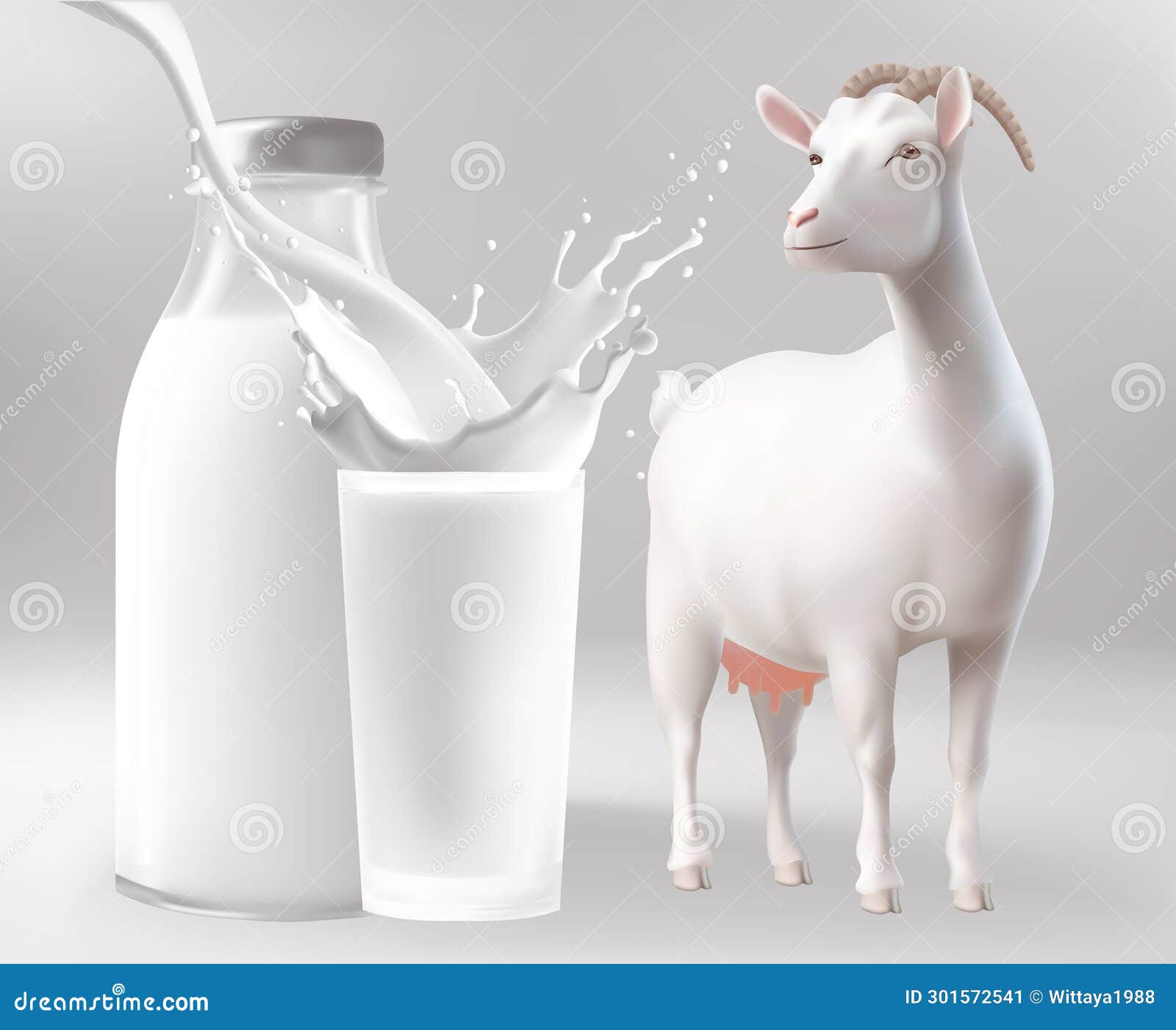 Milk Bottle with Milk Splash and White Goat. 3d Illustration Stock ...