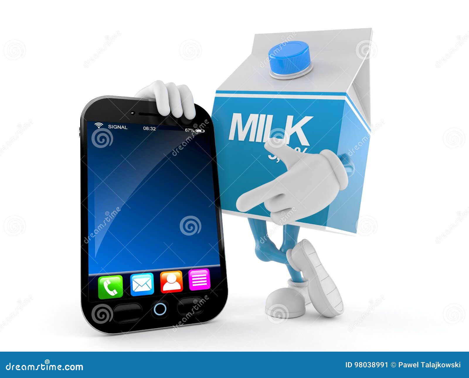 Milk Box Character with Smart Phone Stock Illustration - Illustration ...