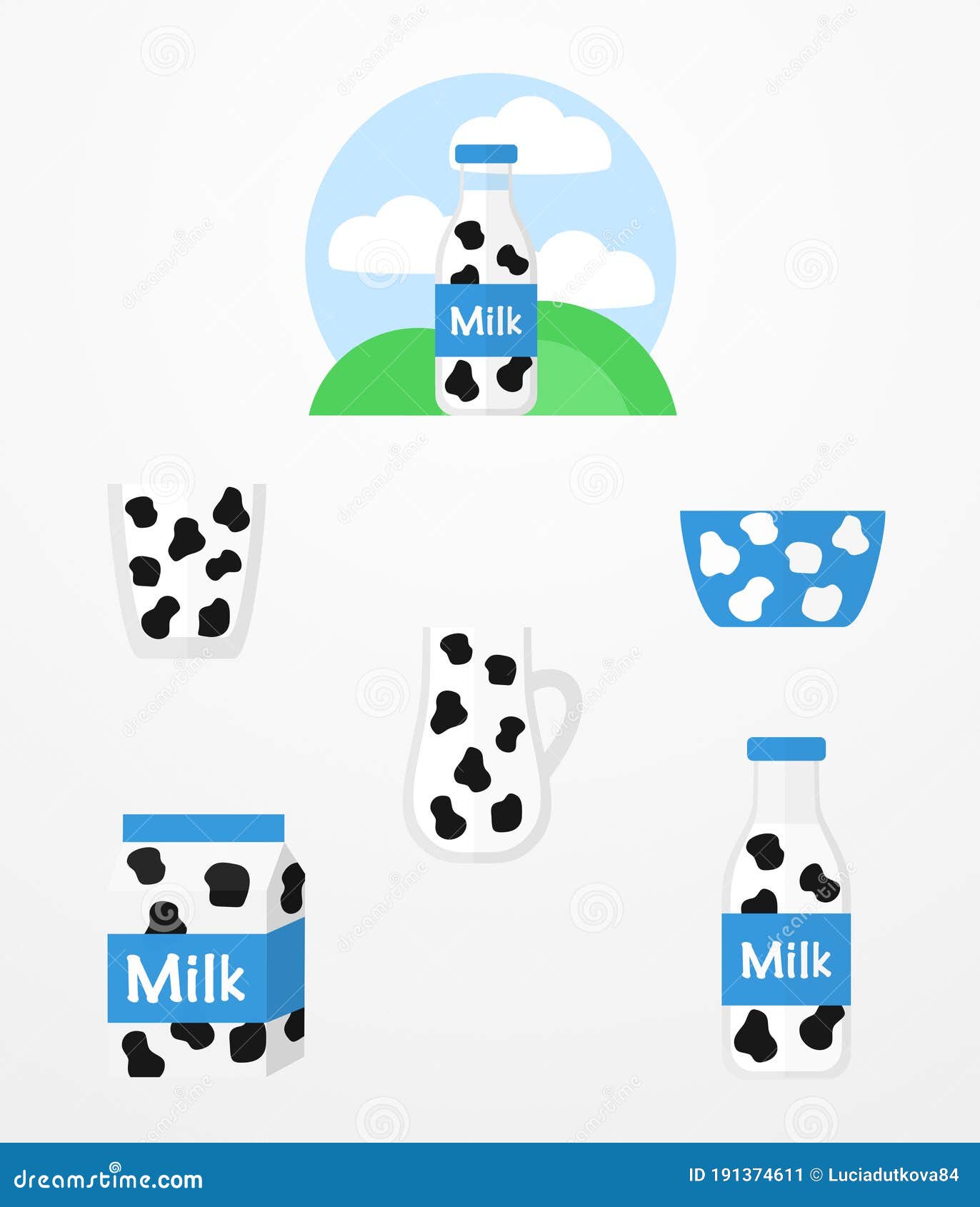 Milk Cartoon Flat Illustrations in Different Packages Stock Image ...