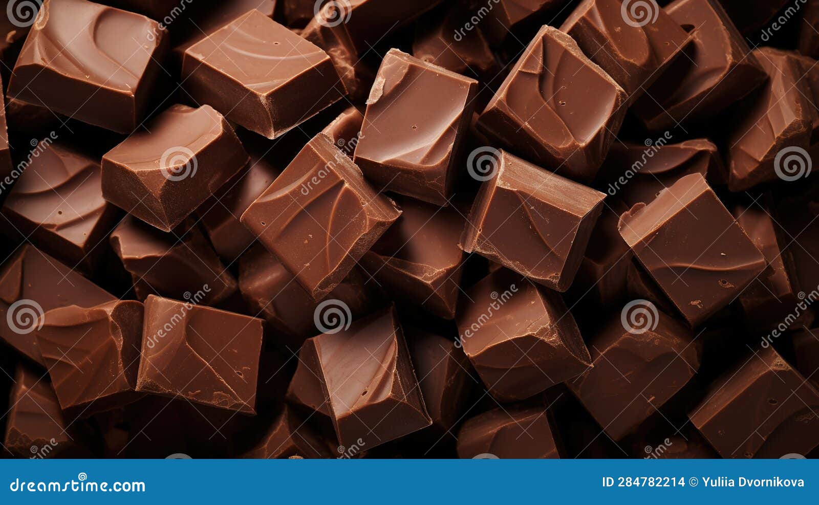 Milk Chocolate Chunks Background. Top View of Many Chocolate Blocks ...
