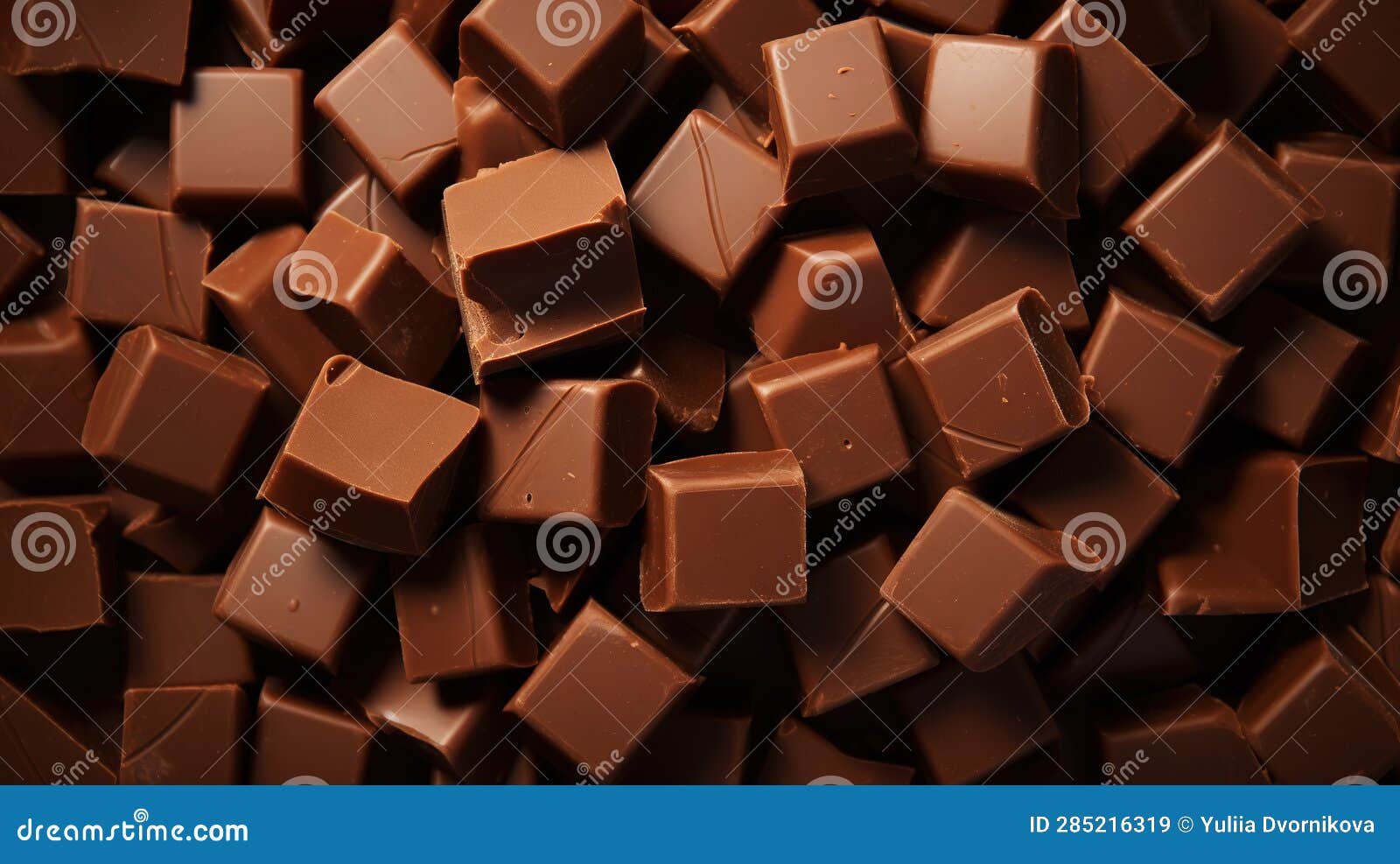 Milk Chocolate Chunks Background. Top View of Many Chocolate Blocks ...