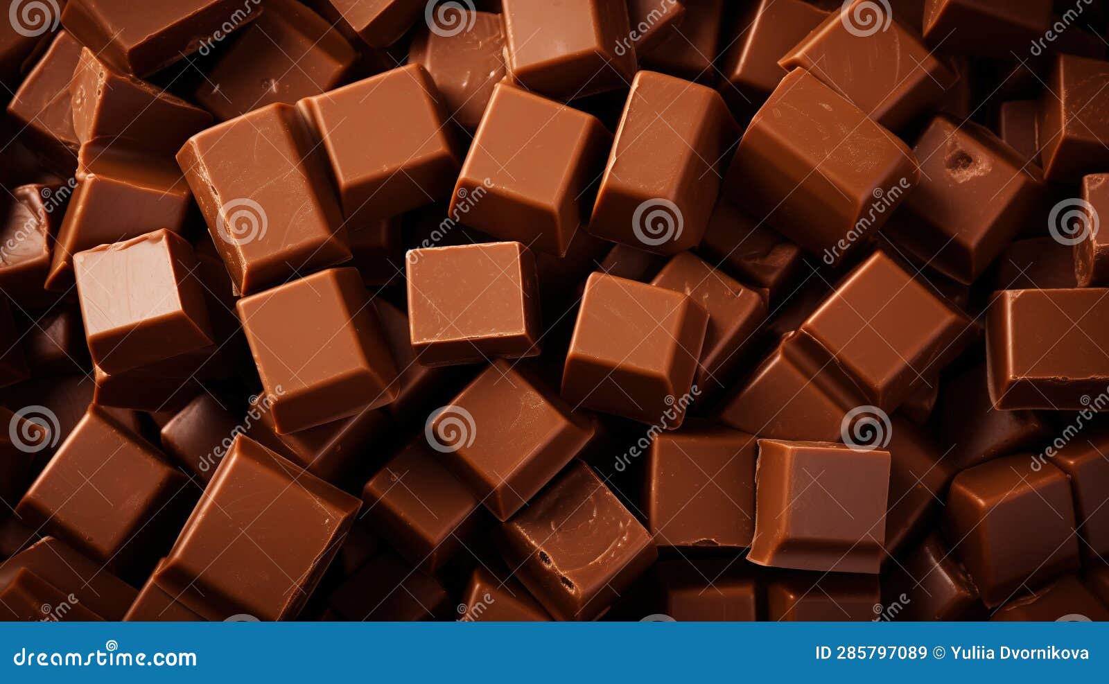 Milk Chocolate Chunks Background. Top View of Many Chocolate Blocks ...