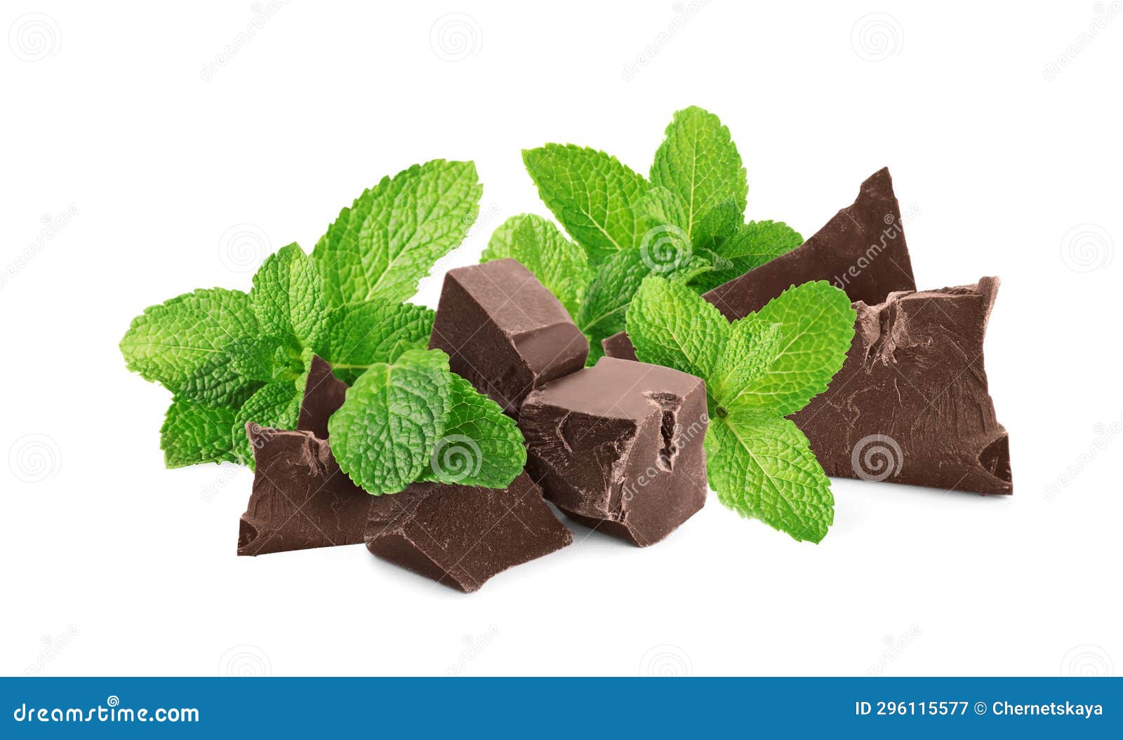 Milk Chocolate Chunks and Mint Leaves Isolated on White Stock Image ...