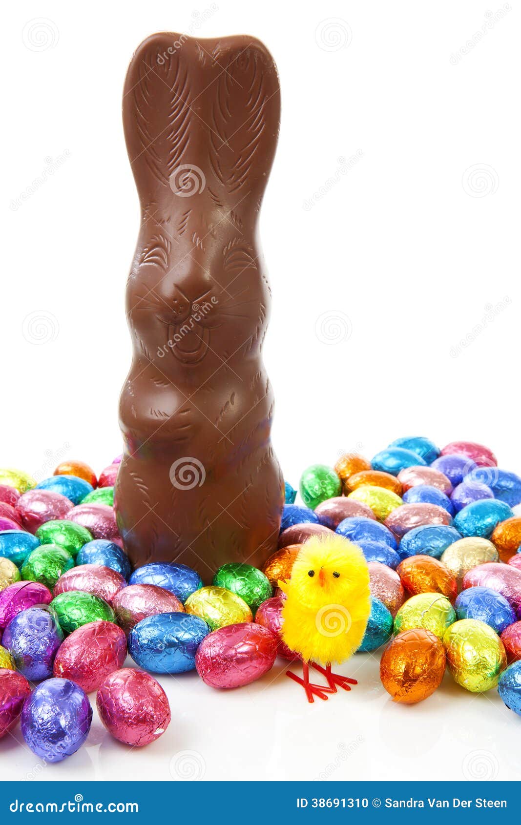 Milk Chocolate Easter Bunny and Colorful Eggs Stock Photo - Image of ...