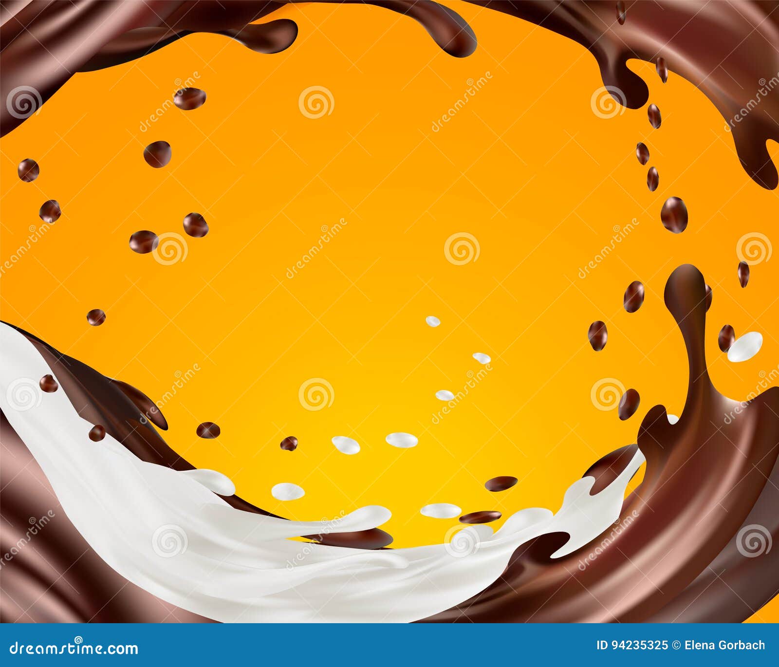 Milk And Chocolate Splashes Vector Isolated Over Orange Background ...
