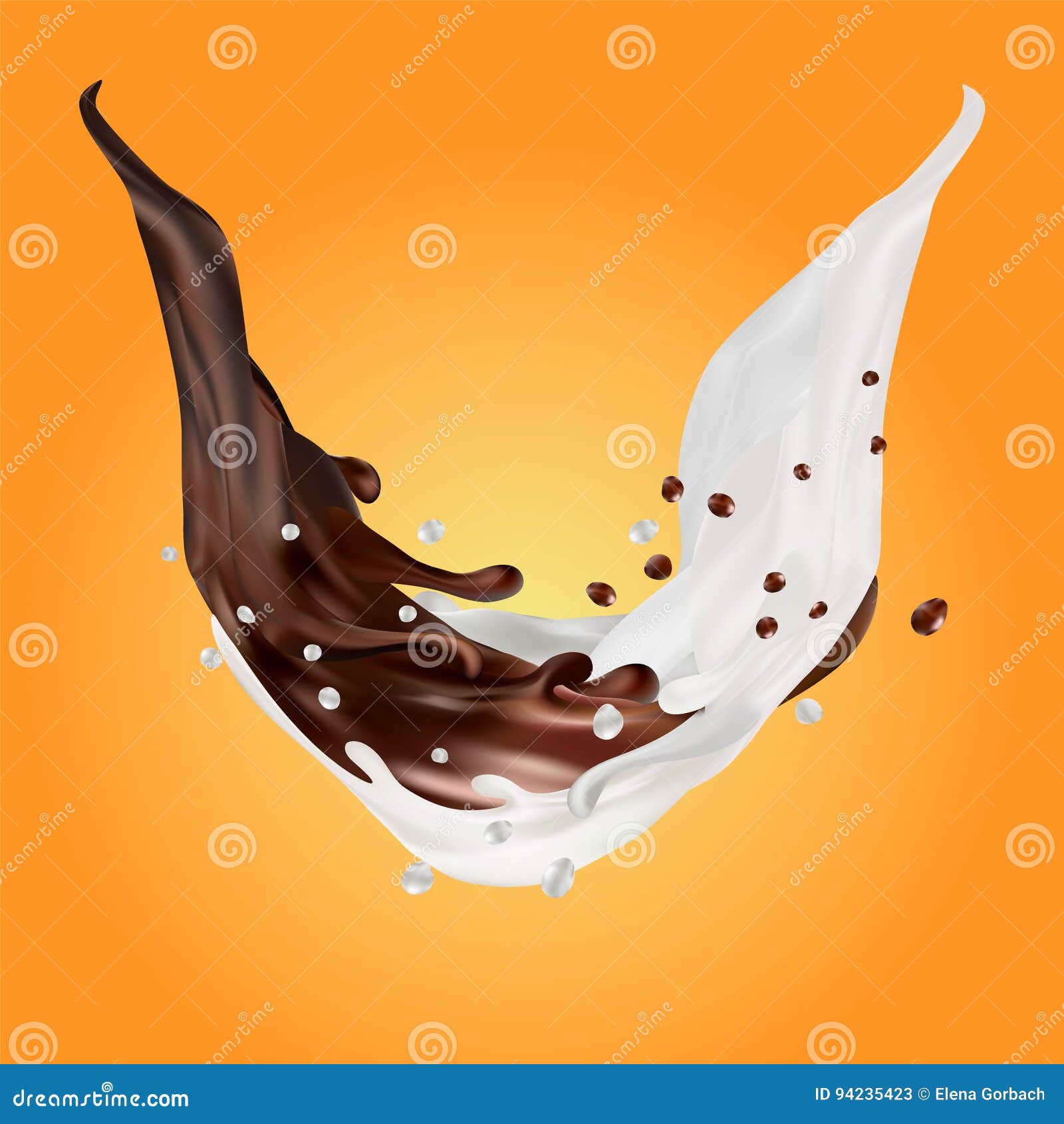 Milk And Chocolate Splashes Vector Isolated Over Orange Background ...