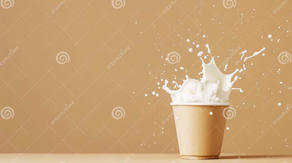 Milk Cream Exploding with Splashes from Cup. Coffee Concept. Beige ...