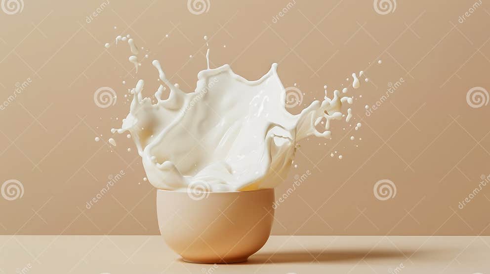 Milk Cream Exploding with Splashes from Cup. Coffee Concept. Beige ...