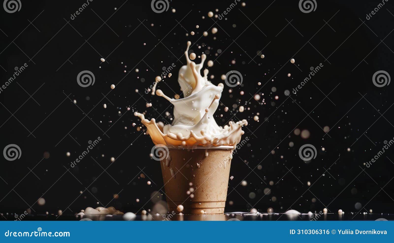Milk Cream Exploding with Splashes from Cup. Coffee Concept. Dark ...