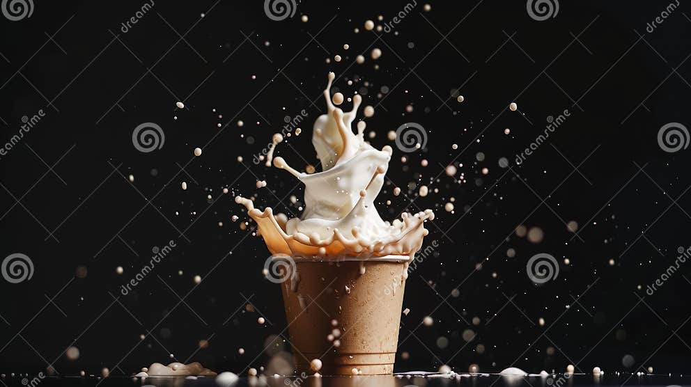 Milk Cream Exploding with Splashes from Cup. Coffee Concept. Dark ...