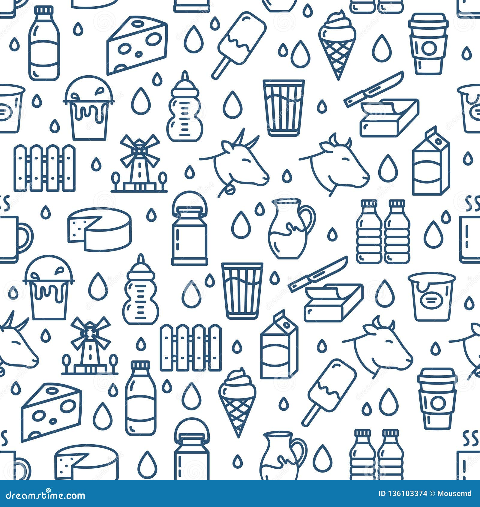 Milk Dairy Products Signs Seamless Pattern Background On A White