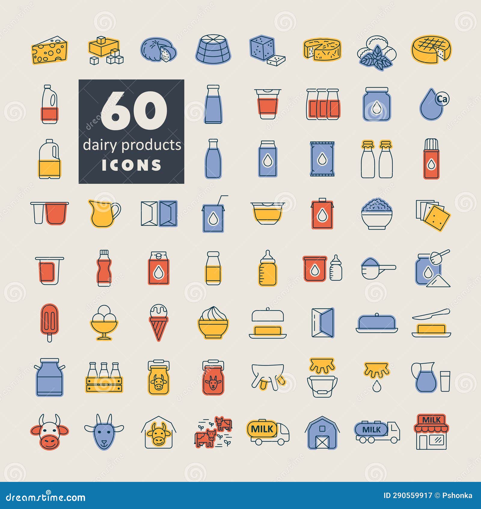 Milk, Dairy Products Vector Icon Set Stock Illustration - Illustration ...