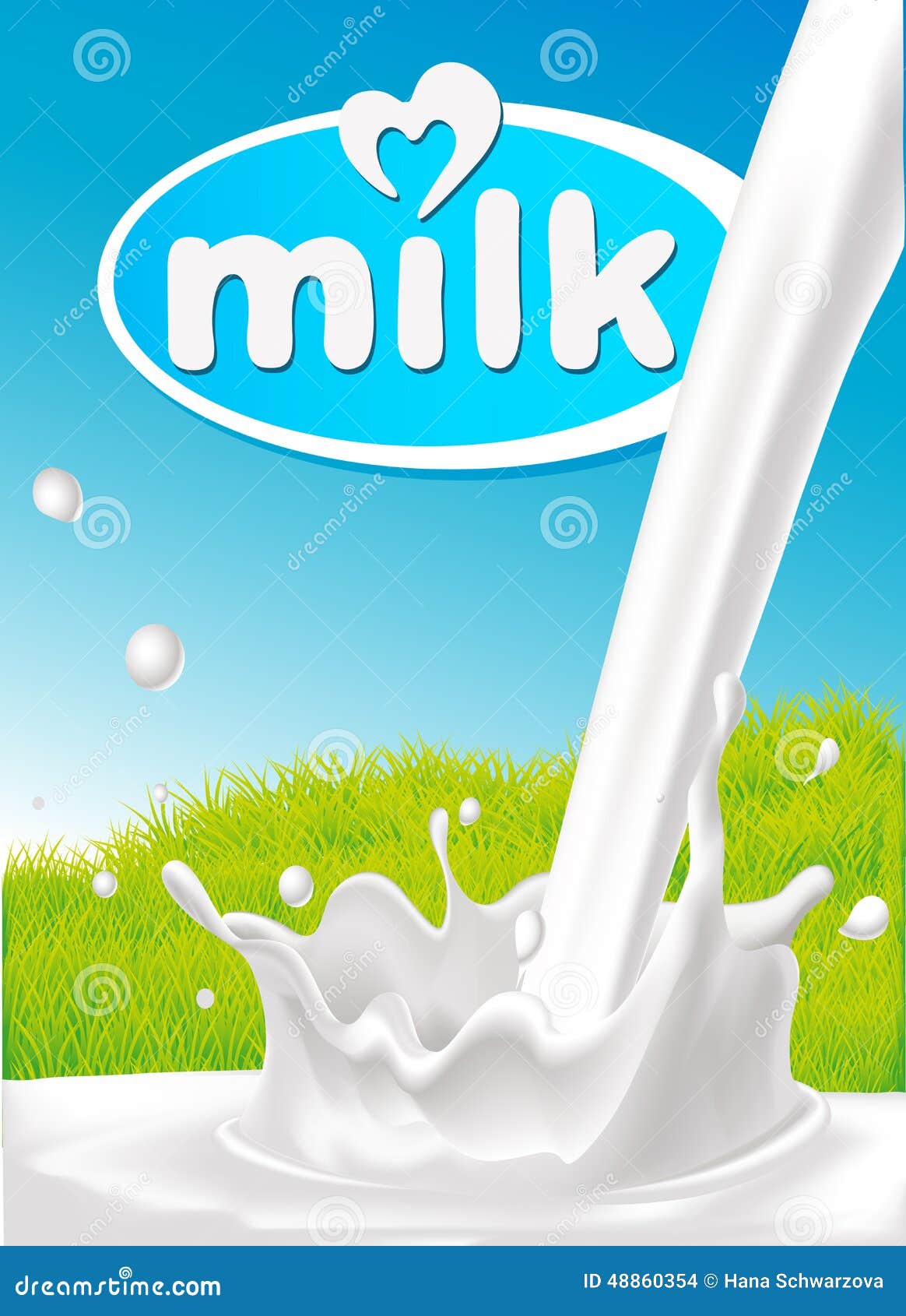 Milk Design with Pouring Splash of Milk and Green Grass Stock Vector ...