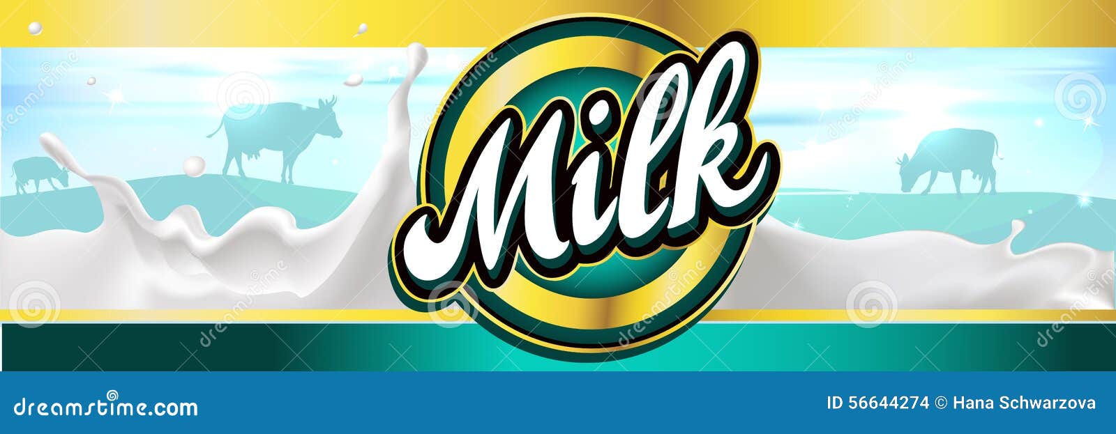 Milk Label Design Banner with Milk Splash, Landscape and Cow Stock ...