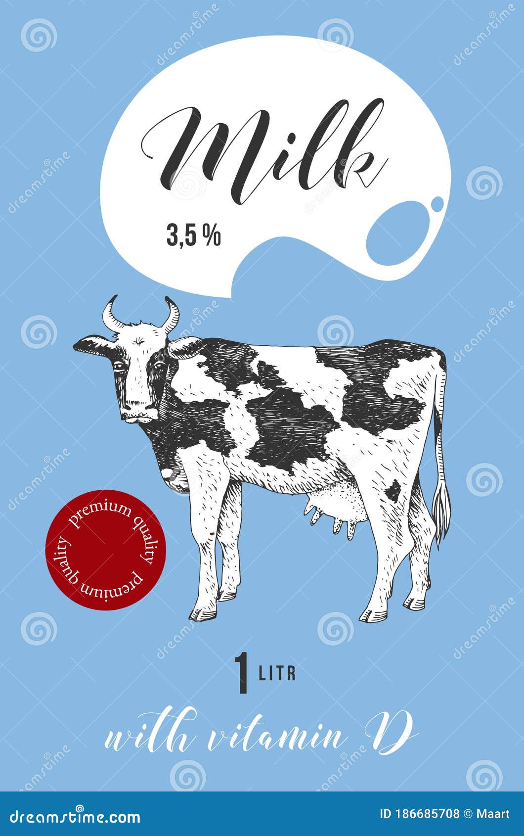 Milk Label Design with Hand Drawn Cow. Stock Vector - Illustration of ...