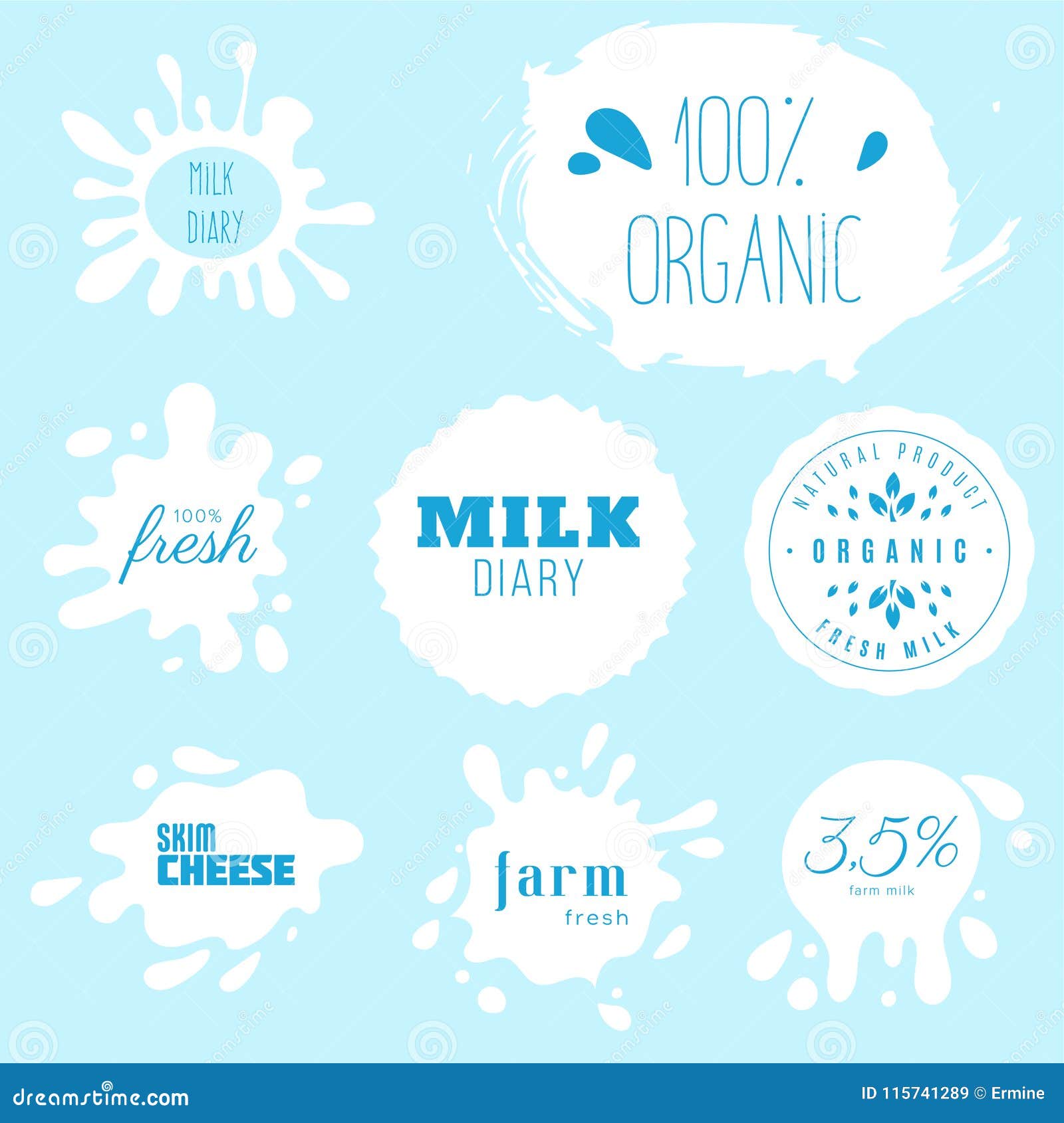 Milk Labels Vector Set. Splash and Blot Design Stock Illustration ...