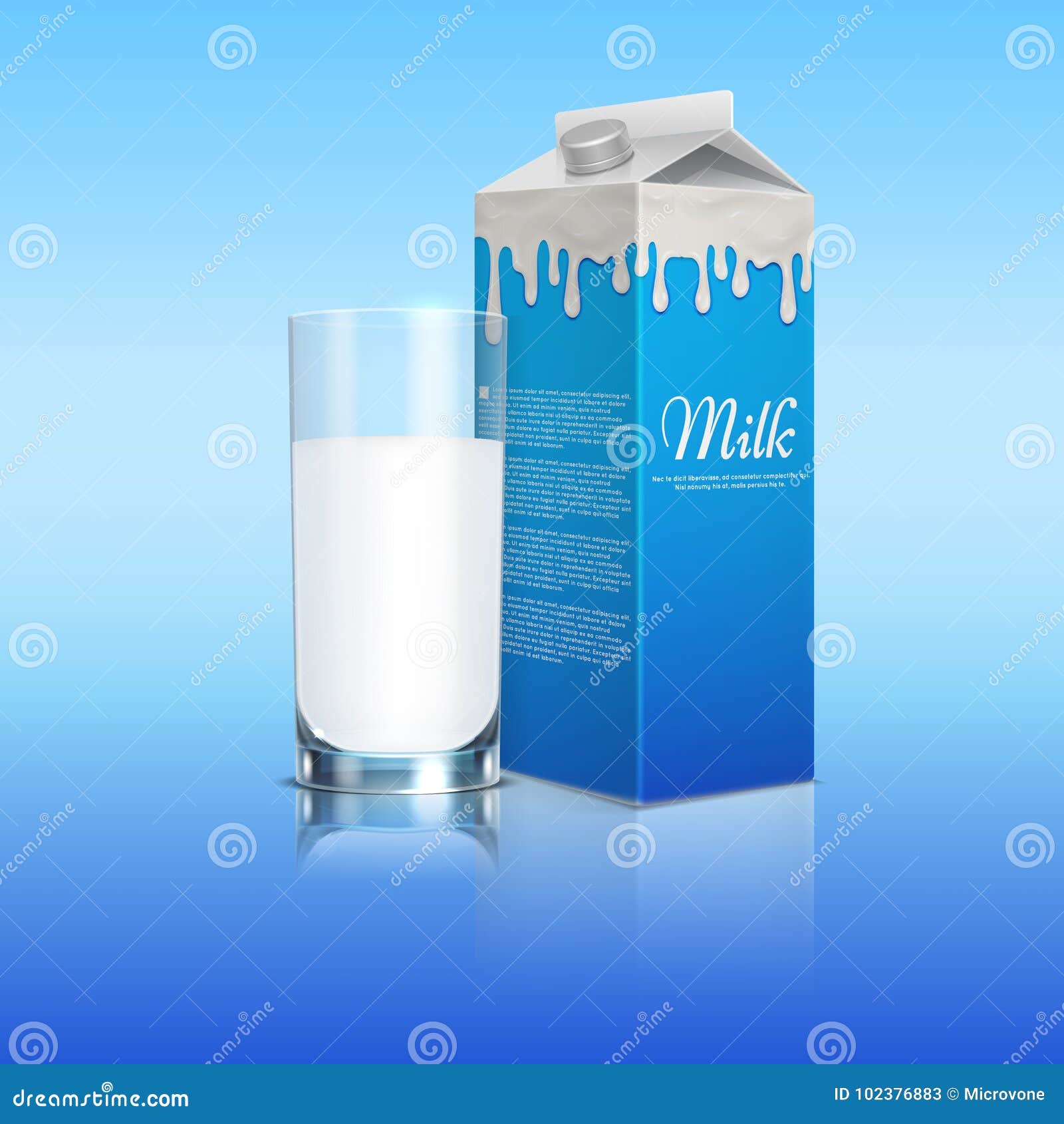 Milk Pack Realistic with Glass Cup on Blue Background. Vector Template ...
