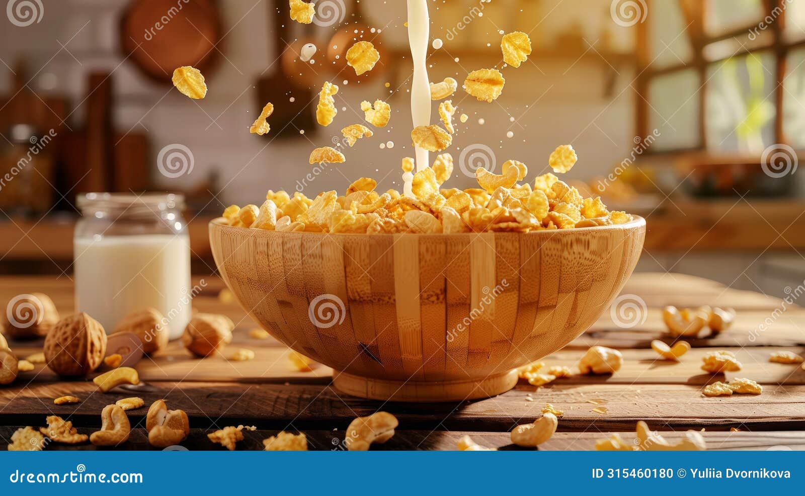 Milk is Poured in Cornflakes in Wooden Bowl. Exploding of Cornflakes ...