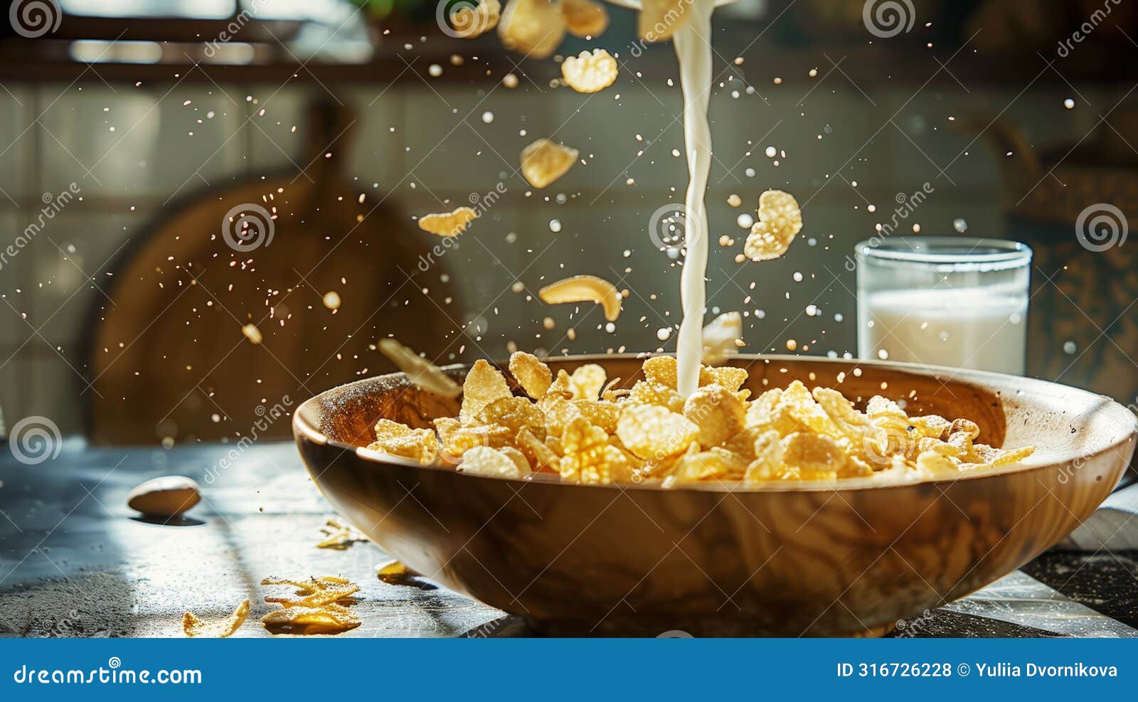 Milk is Poured in Cornflakes in Wooden Bowl. Exploding of Cornflakes ...