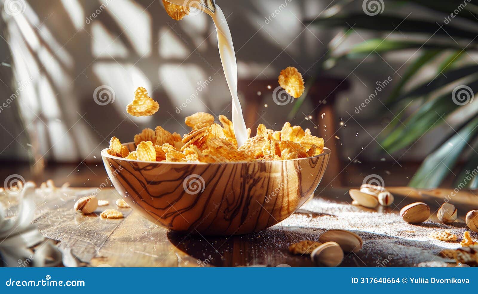 Milk Is Poured In Cornflakes In Wooden Bowl. Exploding Of Cornflakes ...