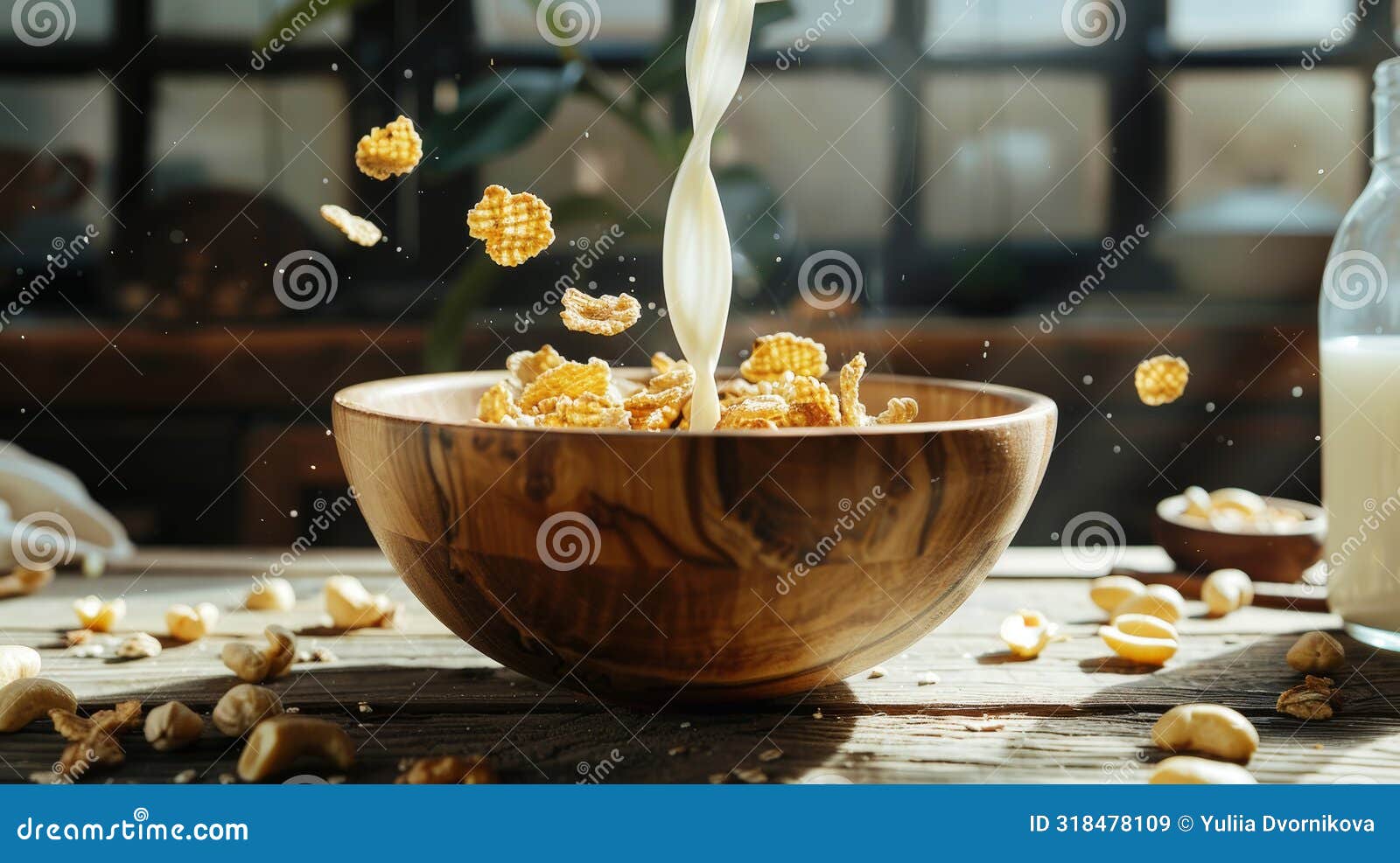 Milk Is Poured In Cornflakes In Wooden Bowl. Exploding Of Cornflakes ...