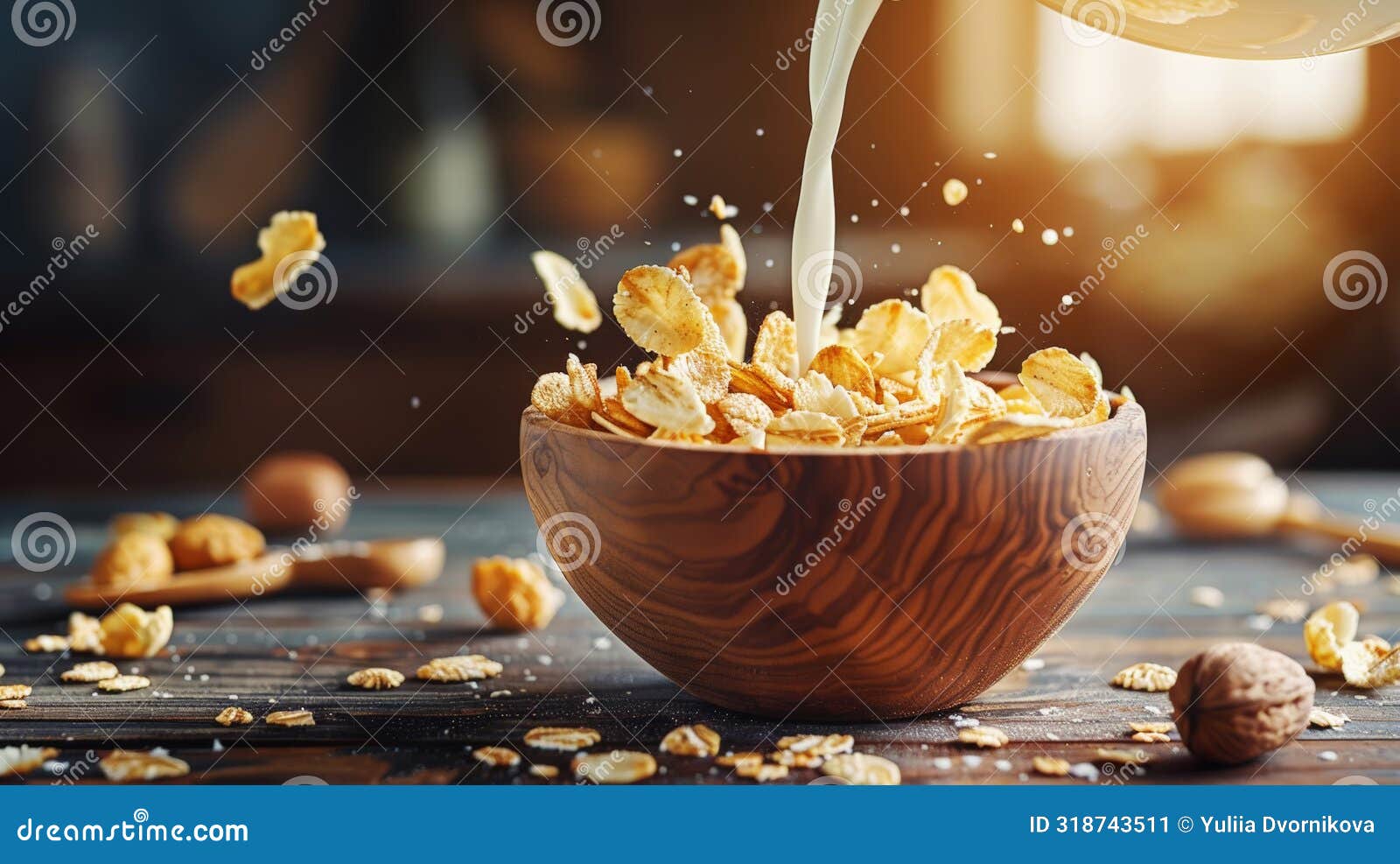Milk is Poured in Cornflakes in Wooden Bowl. Exploding of Cornflakes ...