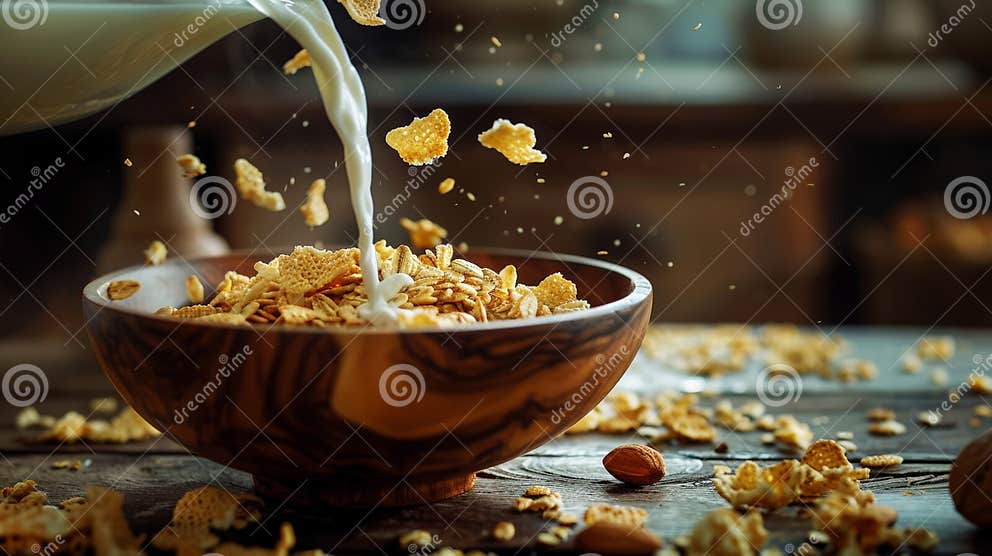 Milk is Poured in Cornflakes in Wooden Bowl. Exploding of Cornflakes ...