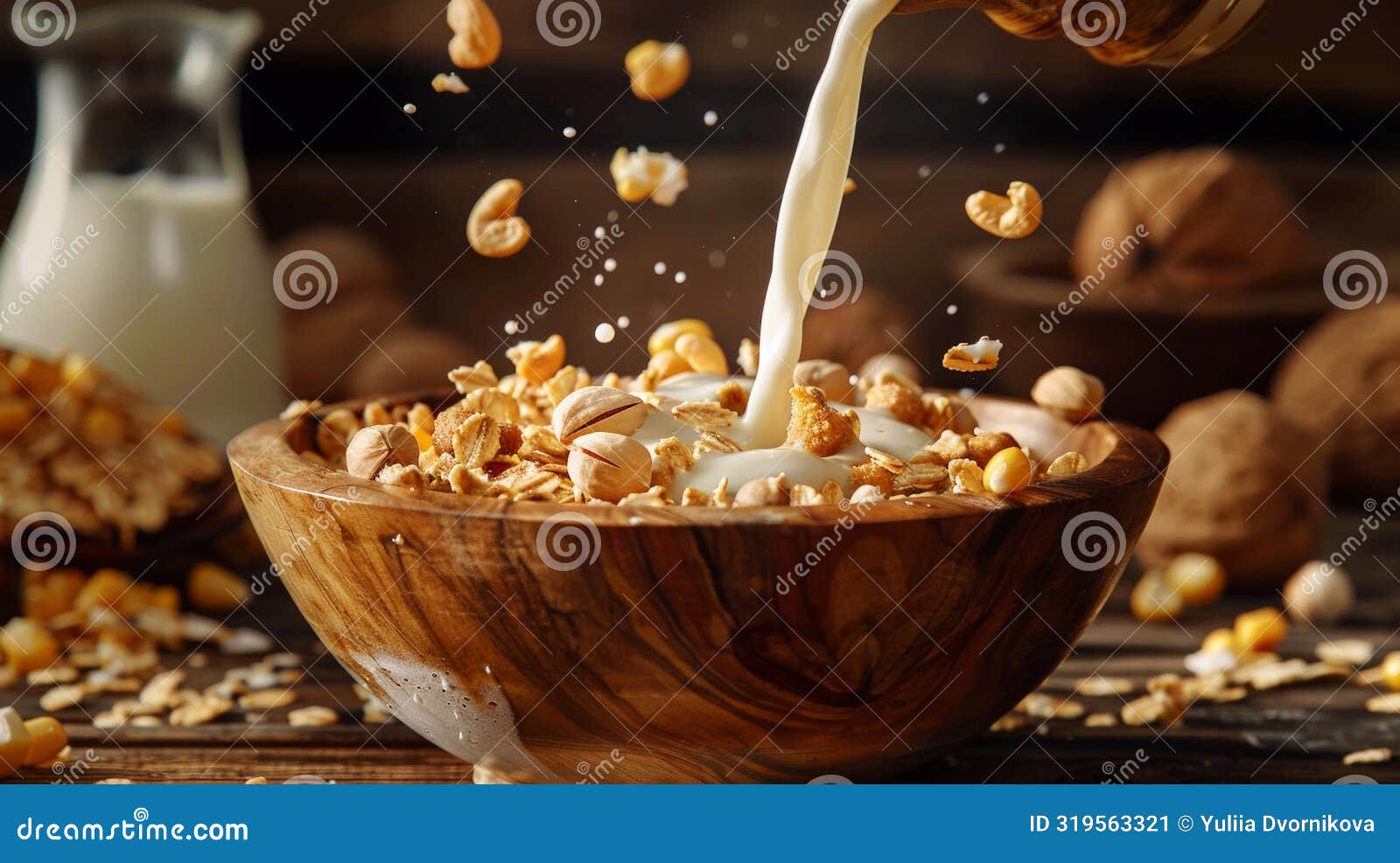 Milk is Poured in Cornflakes in Wooden Bowl. Exploding of Cornflakes ...