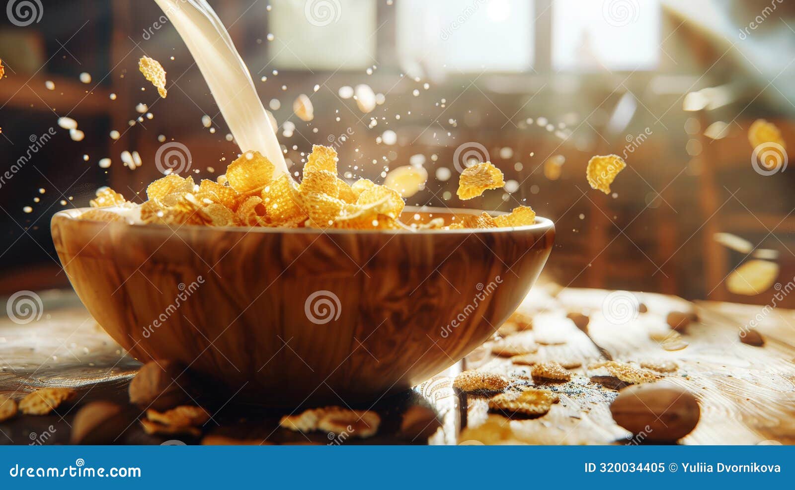 Milk Is Poured In Cornflakes In Wooden Bowl. Exploding Of Cornflakes ...