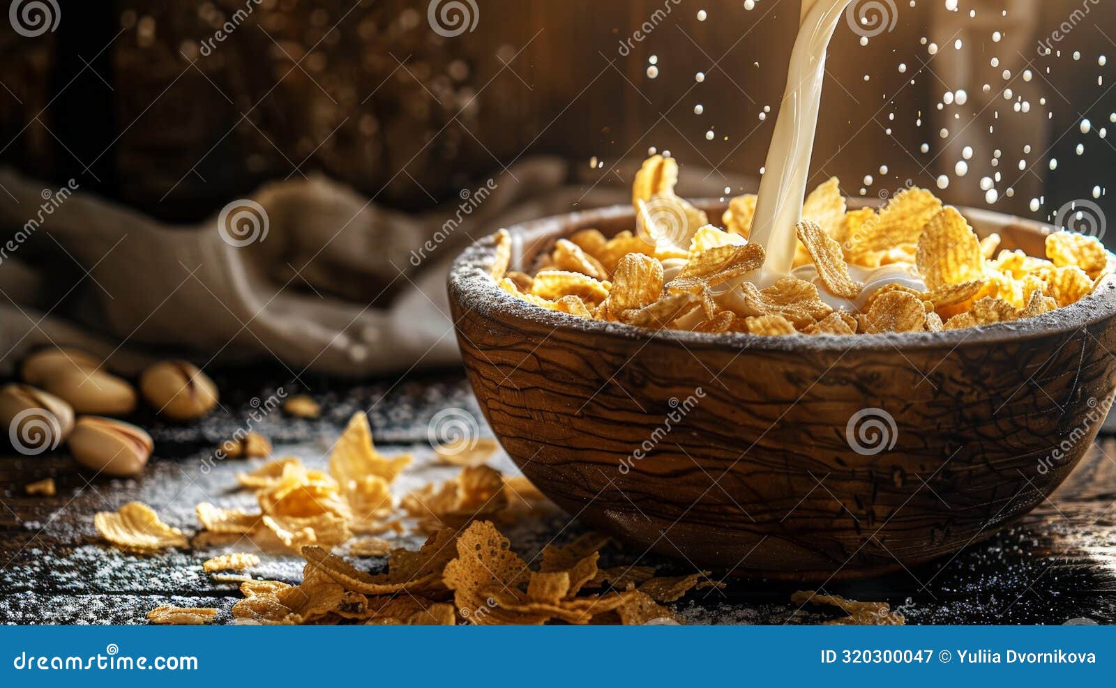 Milk Is Poured In Cornflakes In Wooden Bowl. Exploding Of Cornflakes ...